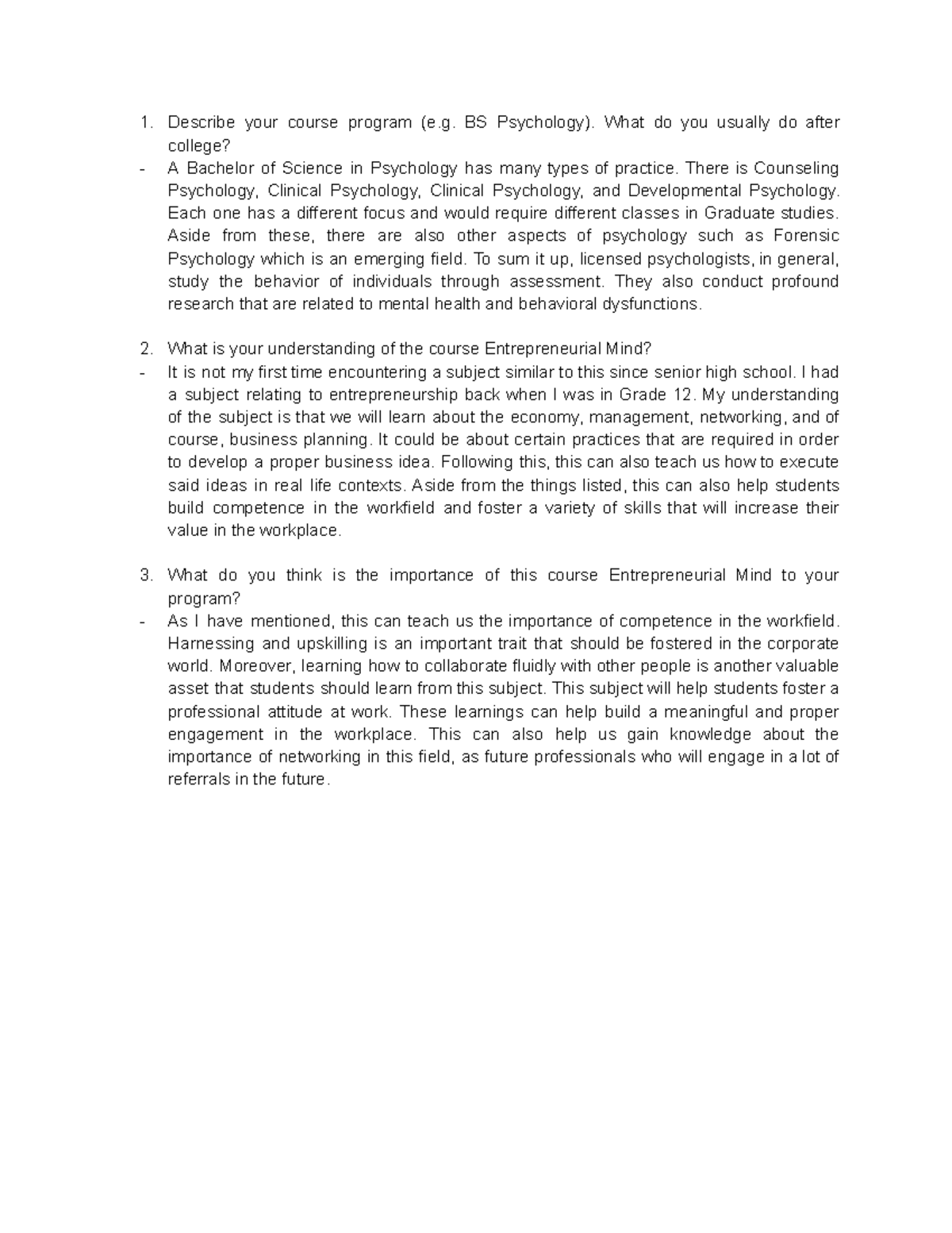 intro to psychology - Describe your course program (e. BS Psychology ...