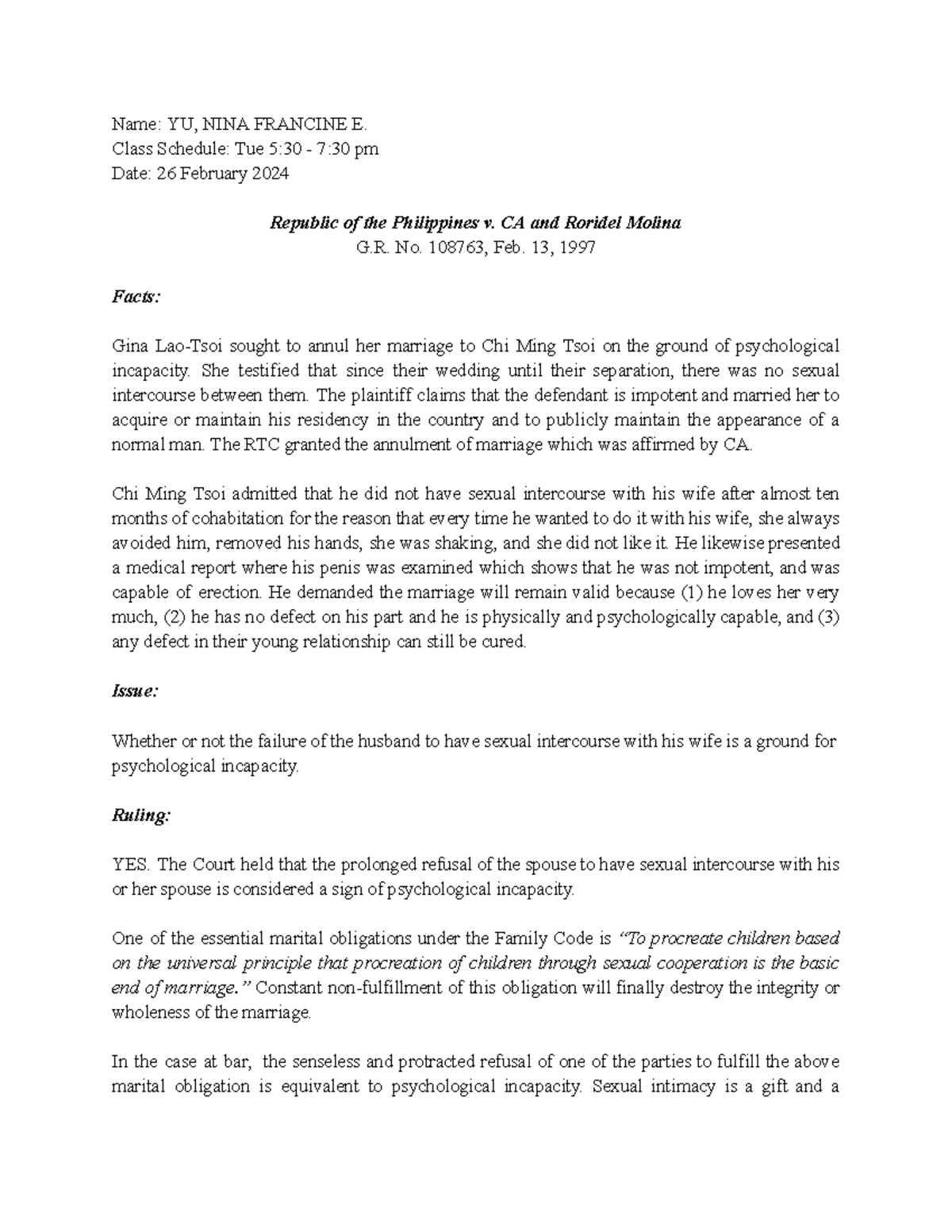 Legal Writing Case Digest (Chi Ming Tsoi v. CA) - Name: YU, NINA ...