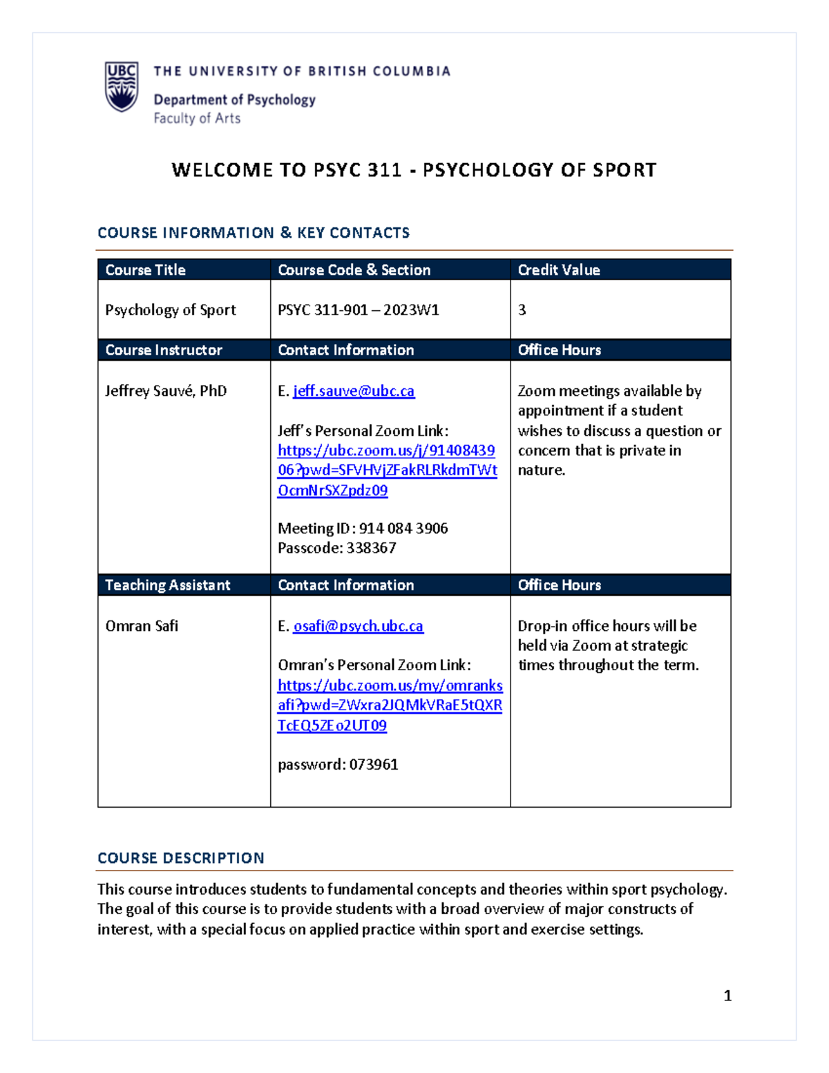 PSYC 311 - Psychology OF Sport - Syllabus 2023W1-3 - WELCOME TO PSYC ...