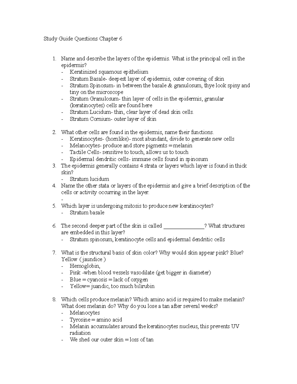 Chapter 6 Integumentary (1) answers - Study Guide Questions Chapter 6 1 ...