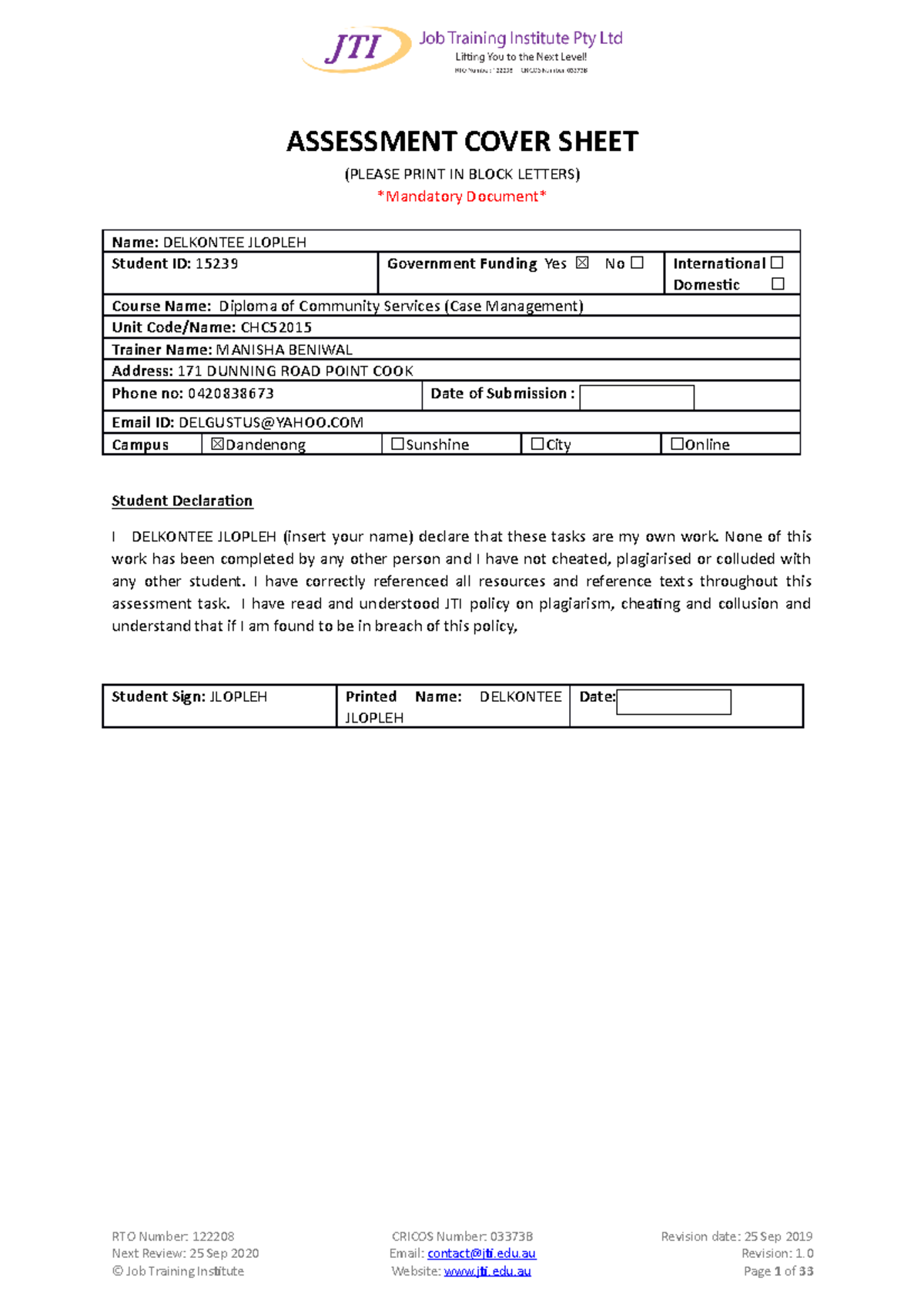 Chccom 003 It Is For Study Popresal Only ASSESSMENT COVER SHEET chccom-003-it-is-for-study-popresal-only-assessment-cover-sheet