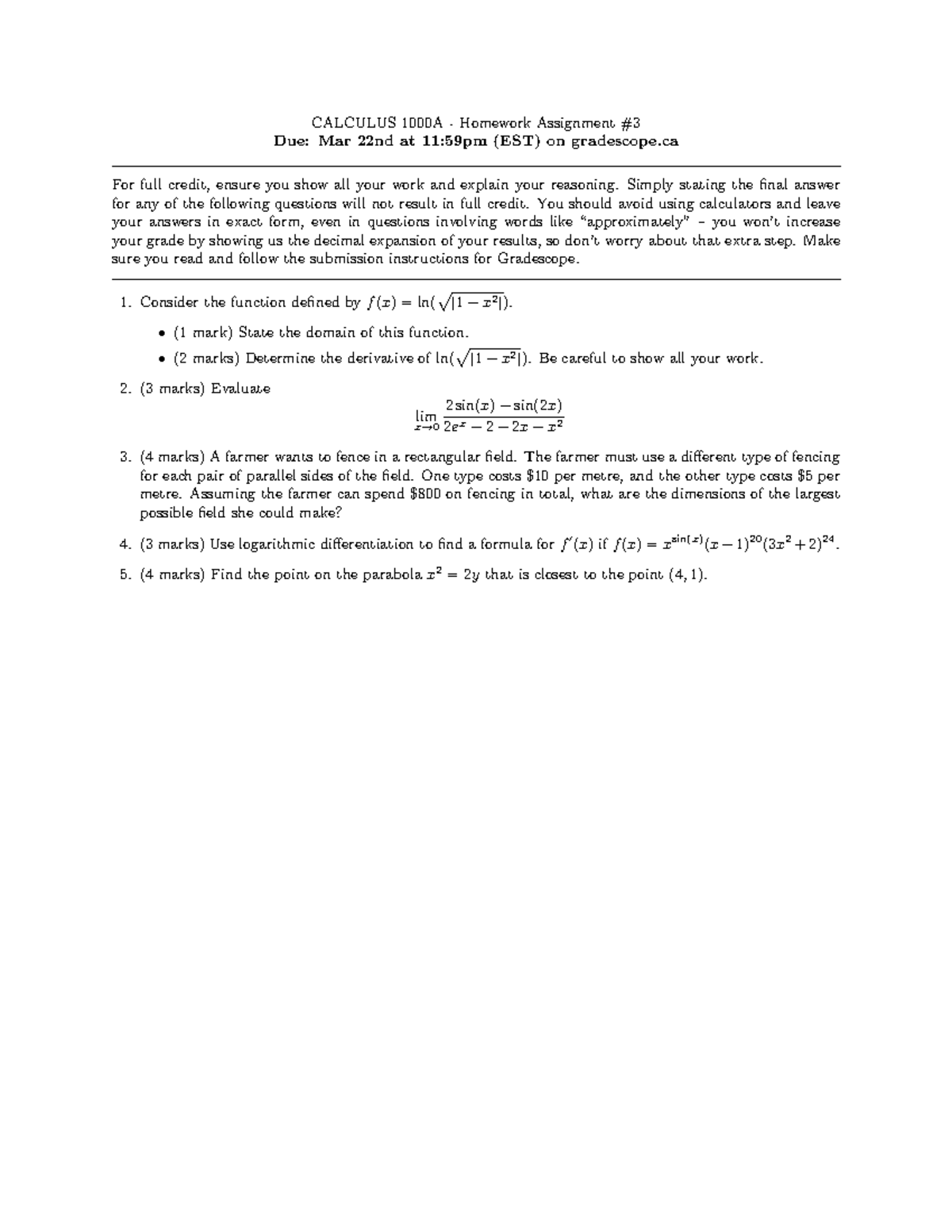 Calc1000BA3 - assignment for calc - CALCULUS 1000A - Homework Assignment # Due: Mar 22nd at 11 ...