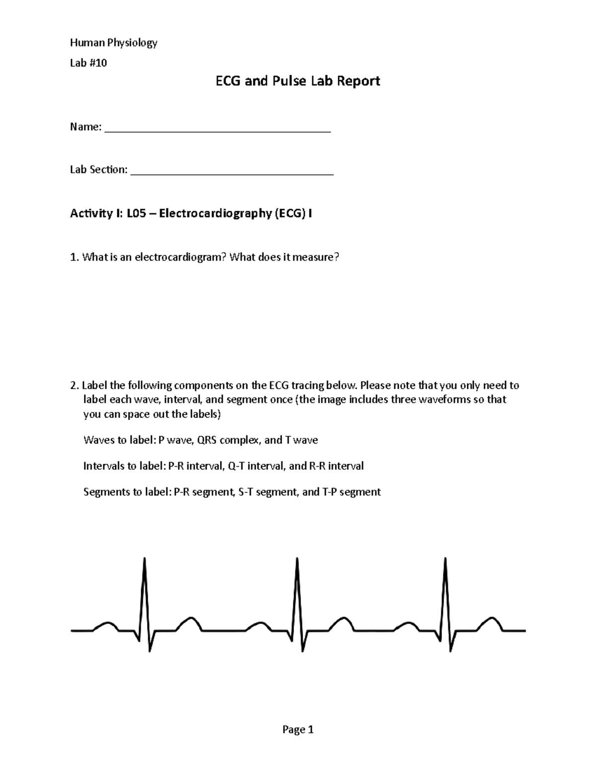 Lab 10 Report Form - Lab worksheet. - Lab # ECG and Pulse Lab Report ...
