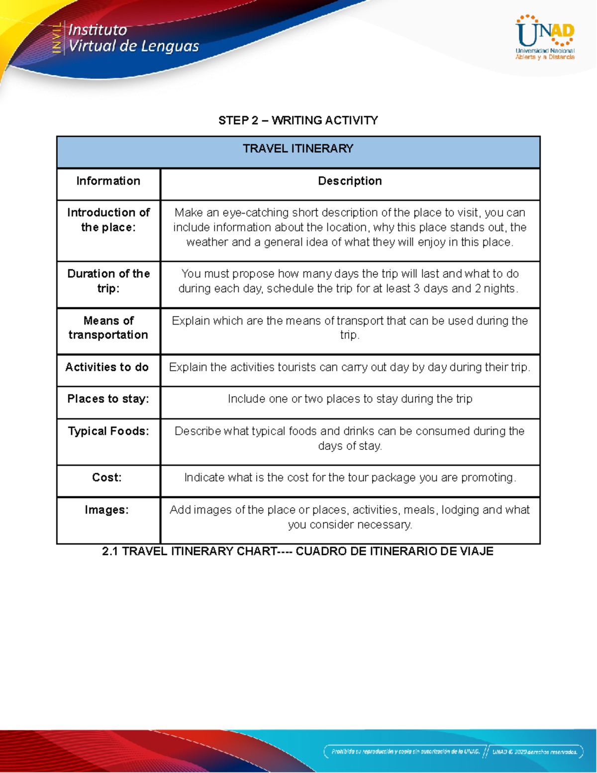 Task 3 - Planning the trip - STEP 2 – WRITING ACTIVITY TRAVEL ITINERARY ...