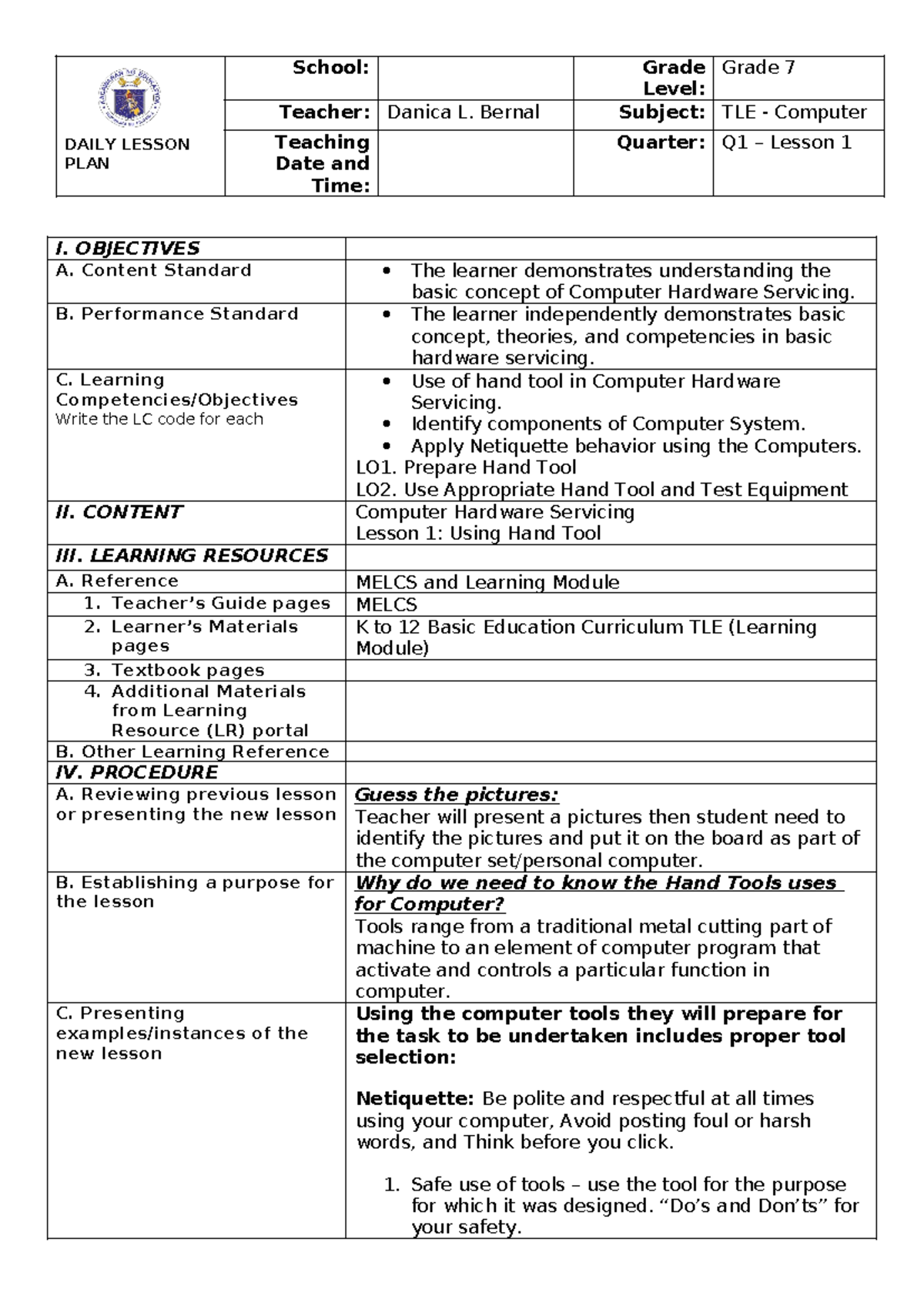 Detailed- Lesson-PLAN - DAILY LESSON PLAN School: Grade Level: Grade 7 ...