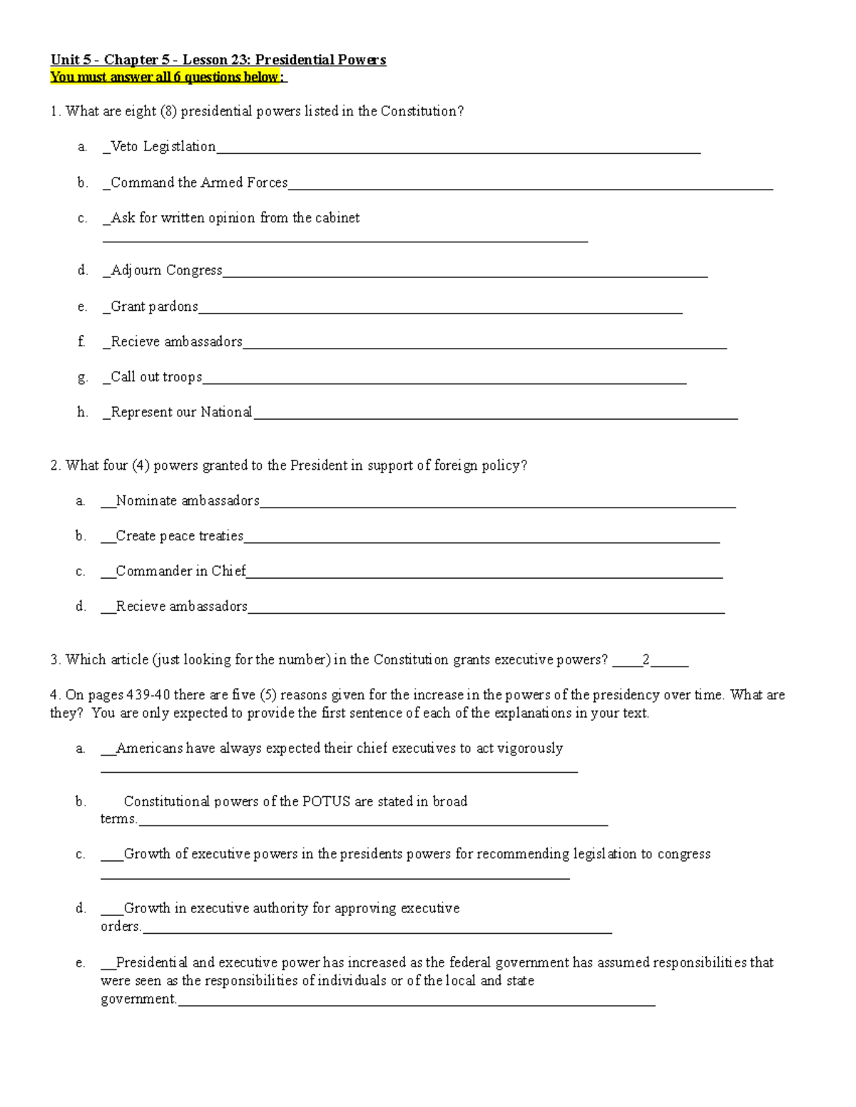 Guided Notes-Presidential Powers - Unit 5 - Chapter 5 - Lesson 23 ...