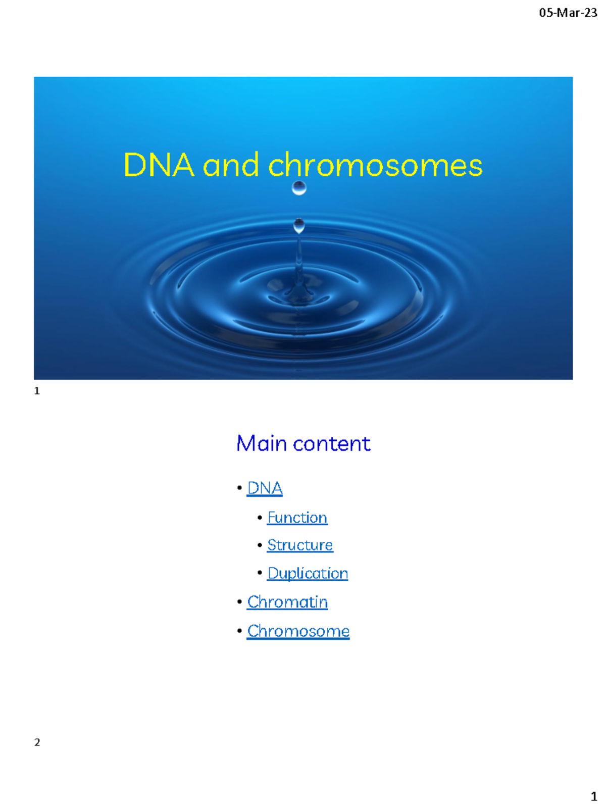 TDL160 Cell Bio 05 DNA and chromosomes - DNA and chromosomes Main ...