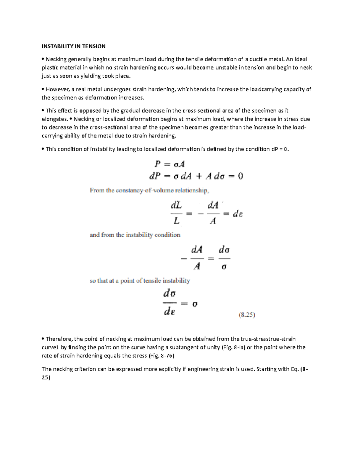 Instability IN Tension - INSTABILITY IN TENSION Necking generally ...