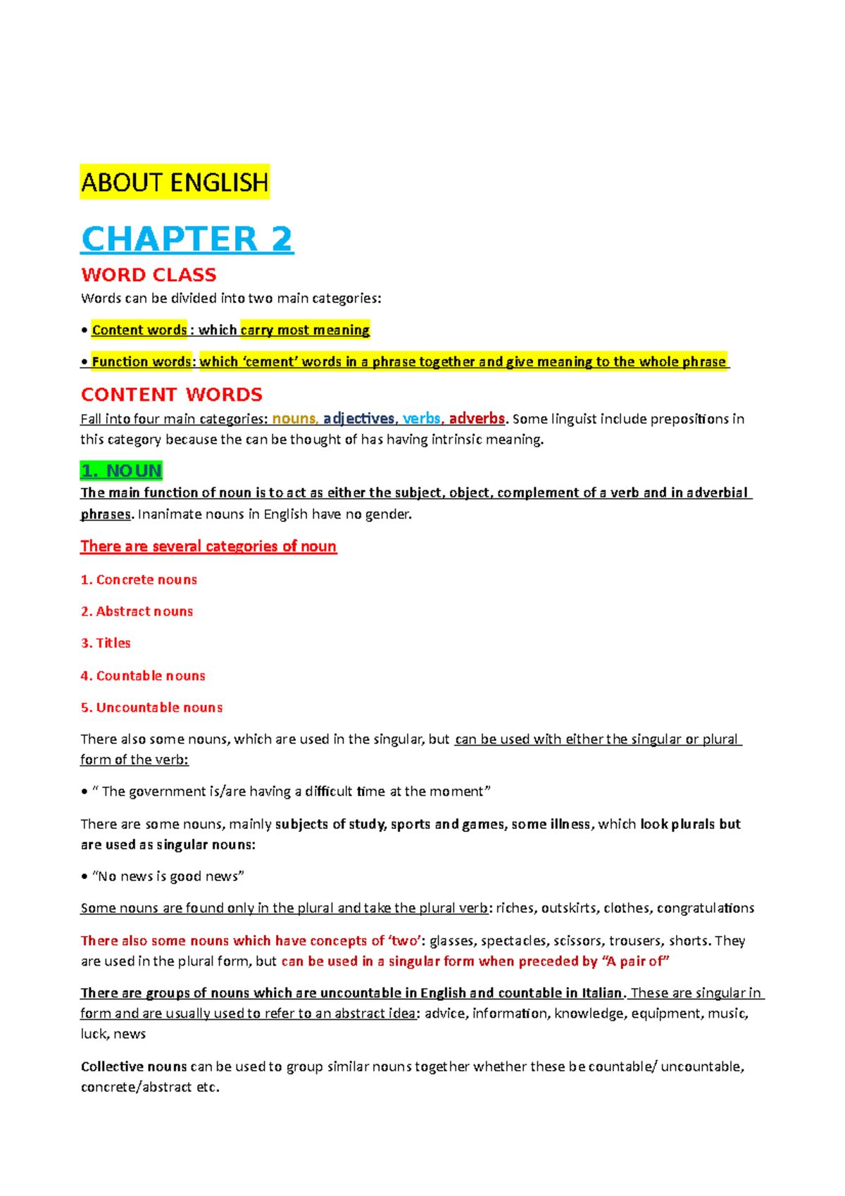 About English, appunti - ABOUT ENGLISH CHAPTER 2 ####### WORD CLASS ...