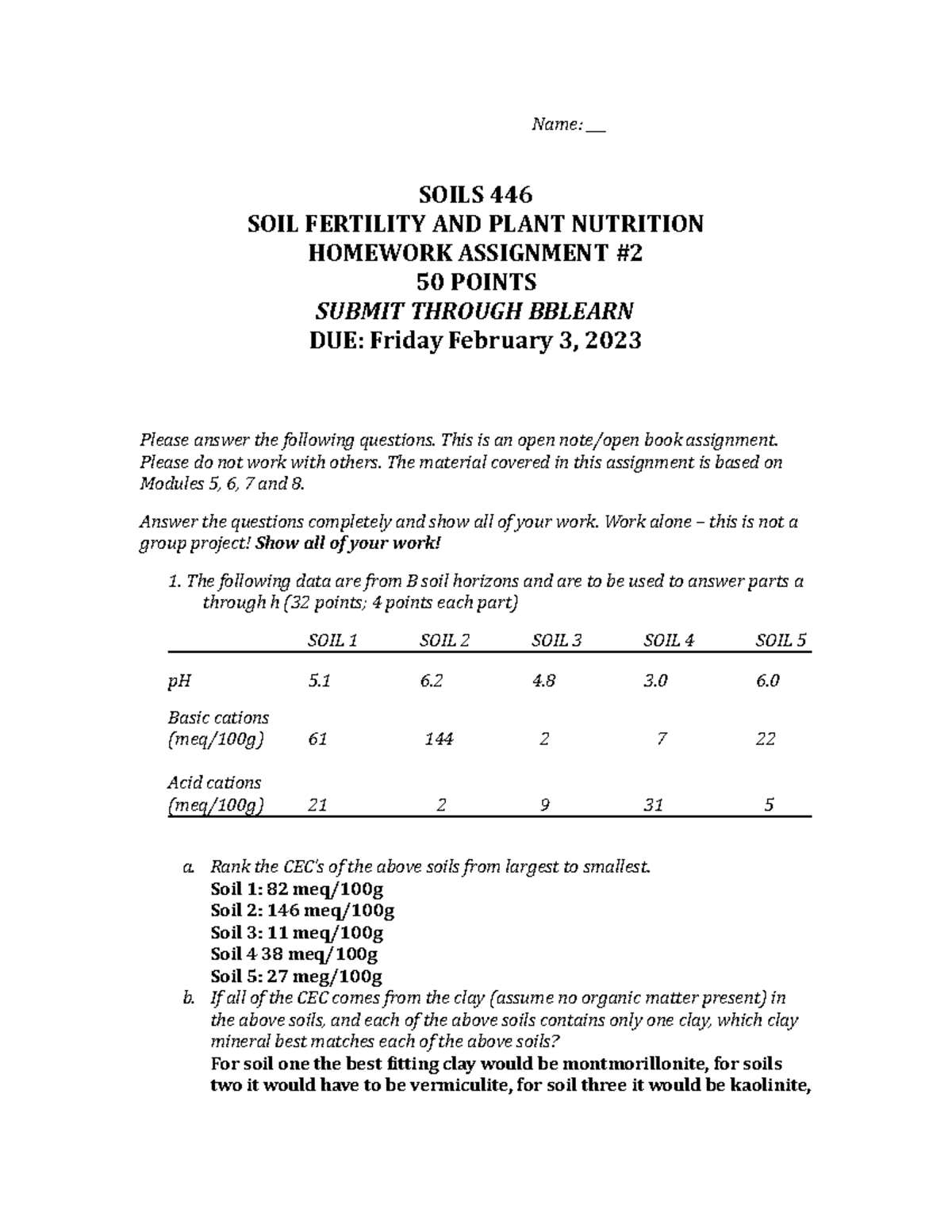 Soils 446 ASSN 2 - hw 2 - Name: ___ SOILS 446 SOIL FERTILITY AND PLANT NUTRITION HOMEWORK ...