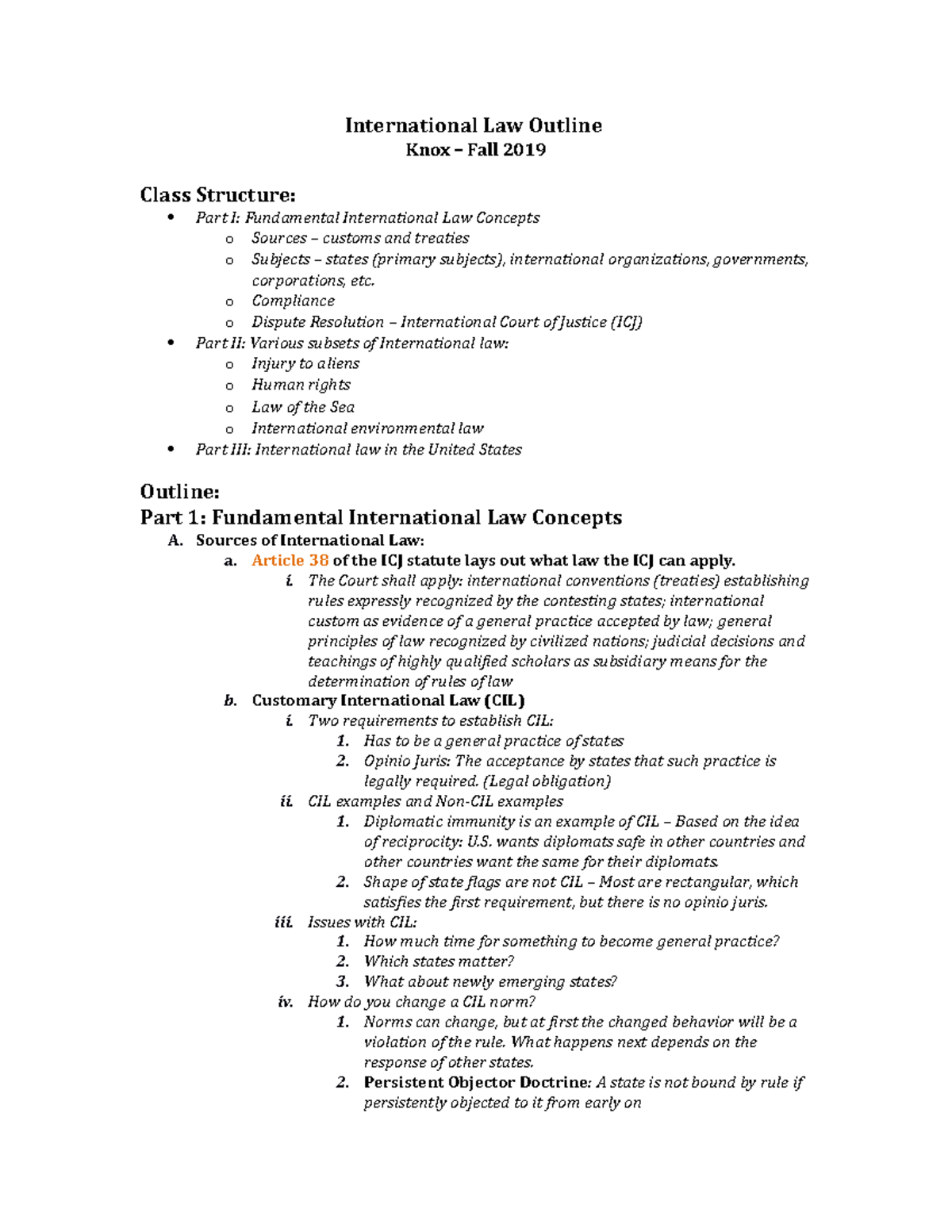 International Law Outline - o Compliance o Dispute Resolution ...