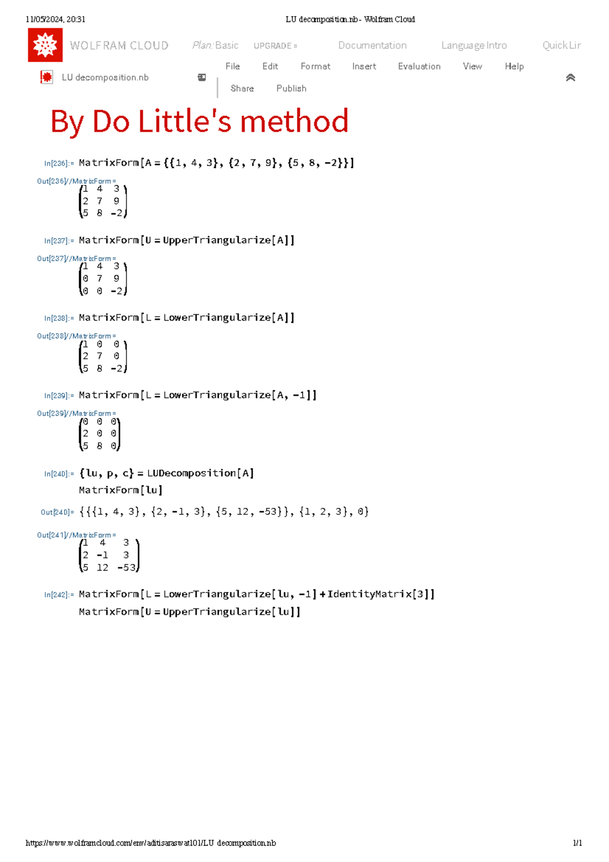 LU decomposition 2.nb - Wolfram Cloud - WOLFRAM CLOUD Plan: Basic UPGRADE » Documentation ...