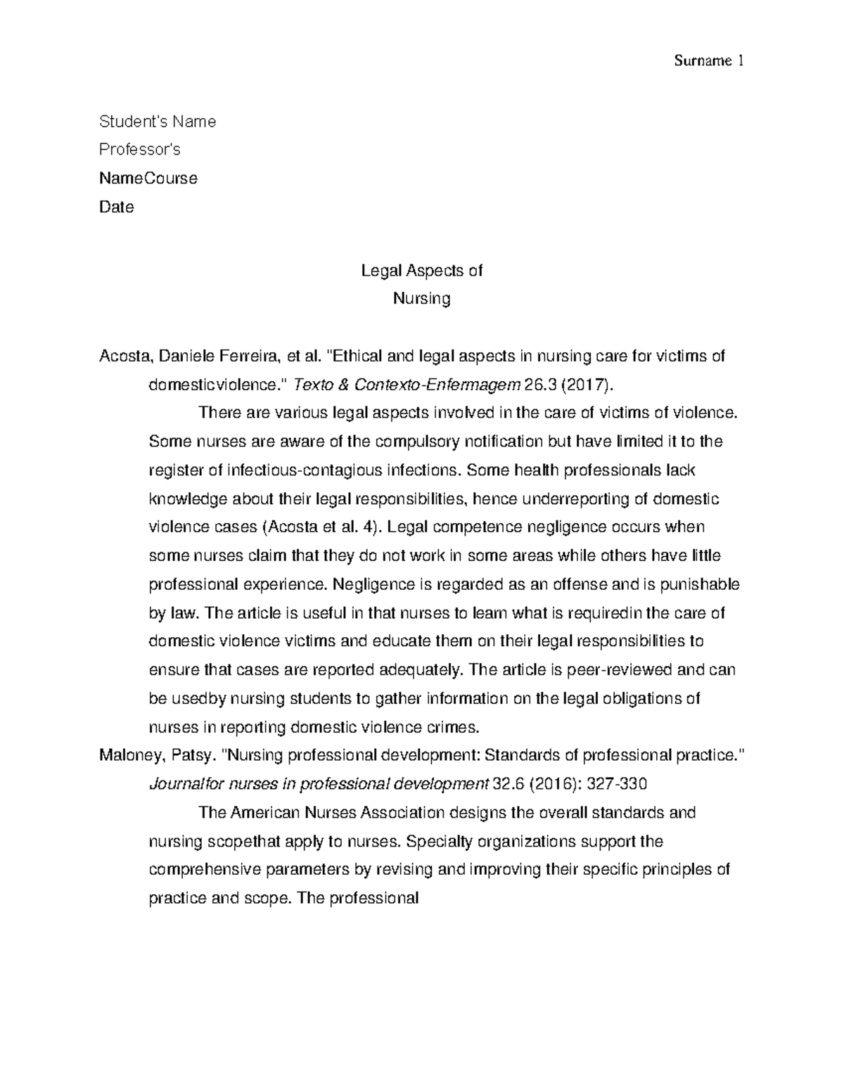 Legal Aspects in Nursing 3 - Student’s Name Professor’s Name Course ...