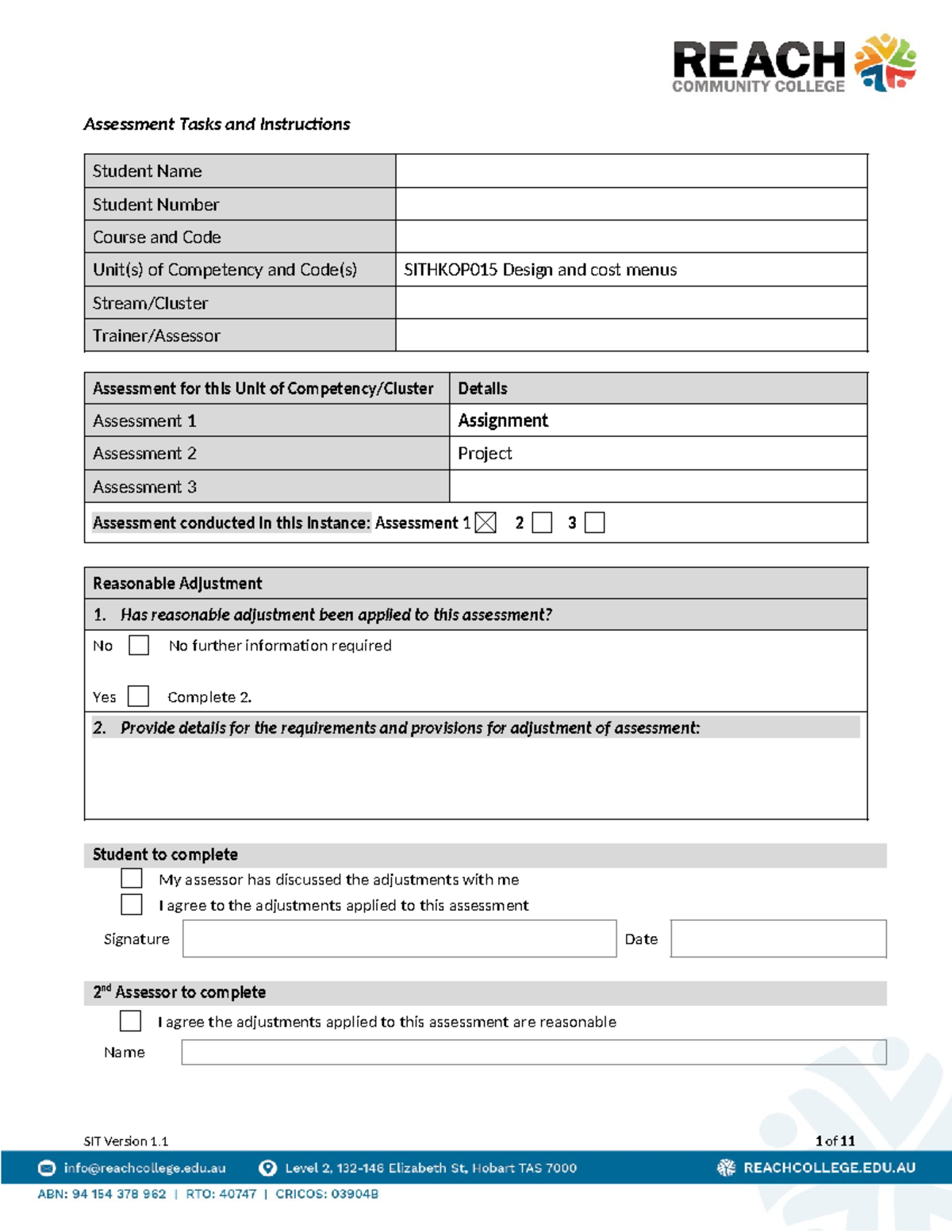 Assessment 1 Assignment - Assessment Tasks and Instructions Student ...