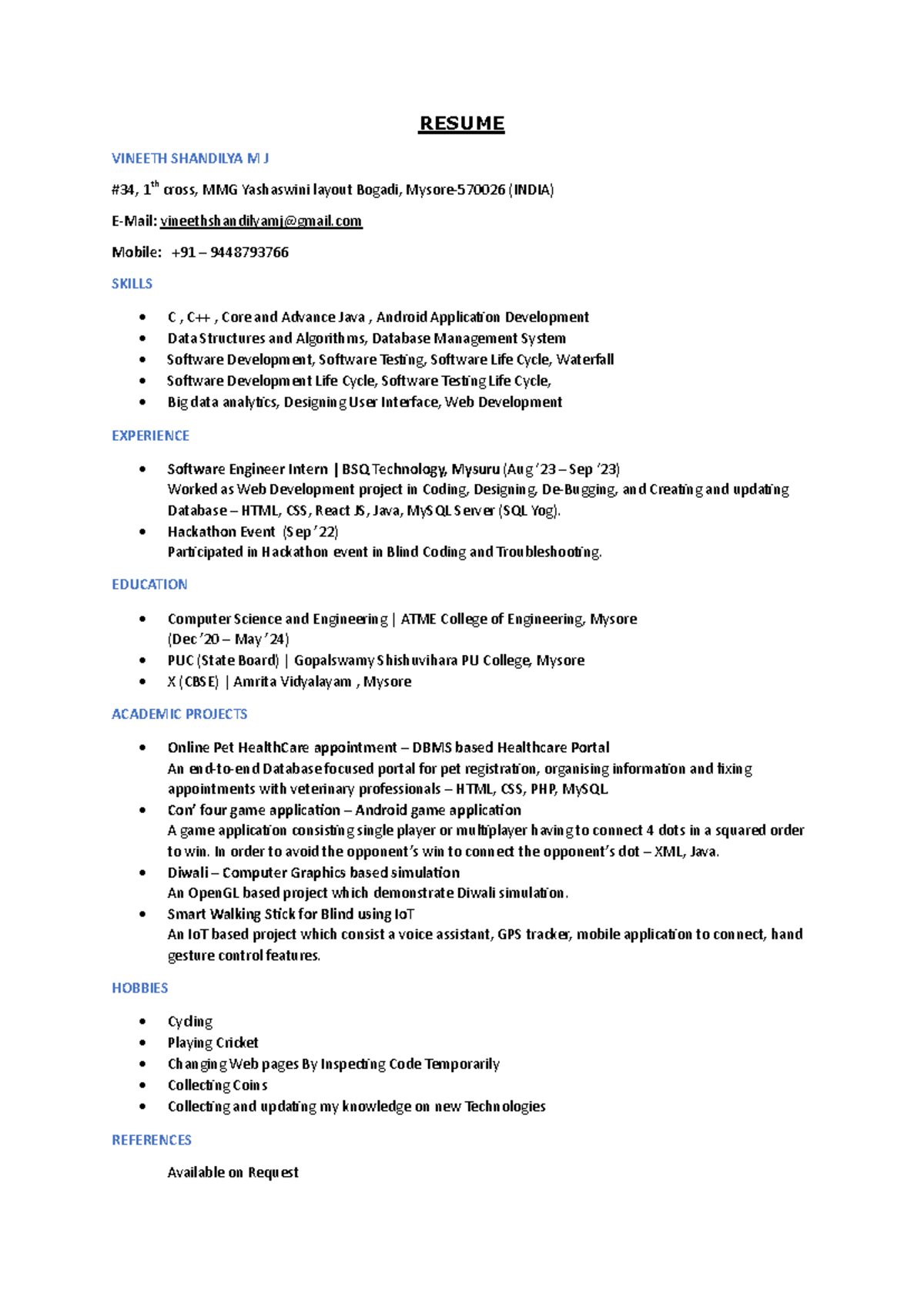 Vineeth Shandilya Resume - RESUME VINEETH SHANDILYA M J #34, 1th cross, MMG Yashaswini layout ...