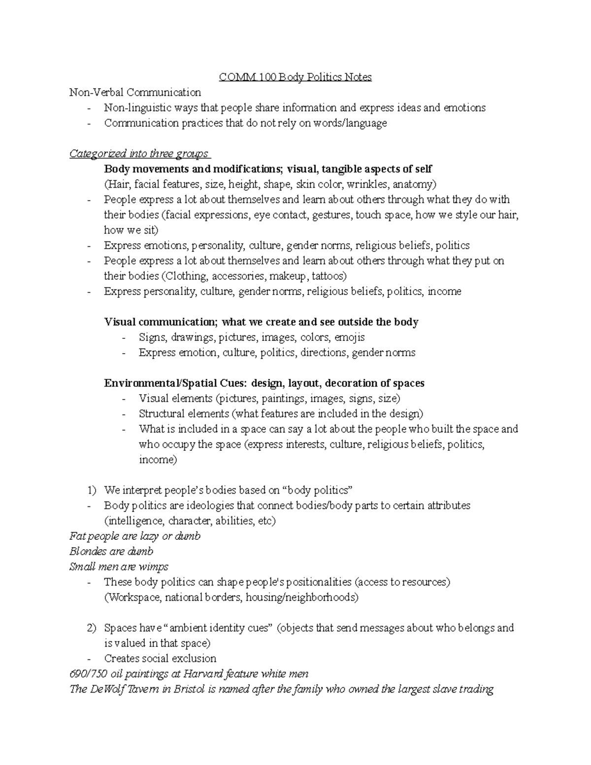 COMM.100 Body Politics - COMM Body Politics Notes Non-Verbal ...