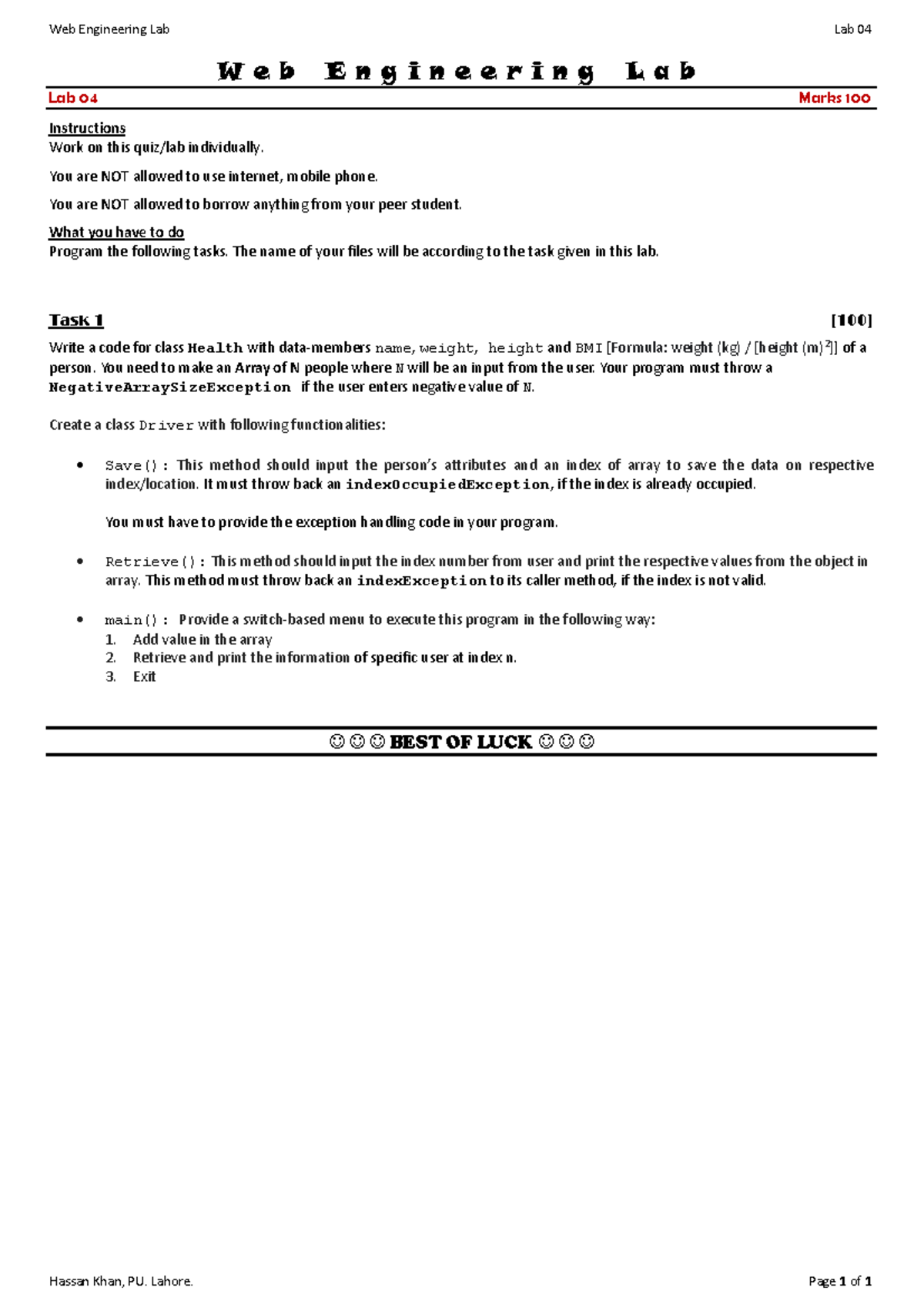 Lab 04 - Morning - Exception - Web Eng - Web Engineering Lab Lab 04 Hassan Khan, PU. Lahore ...