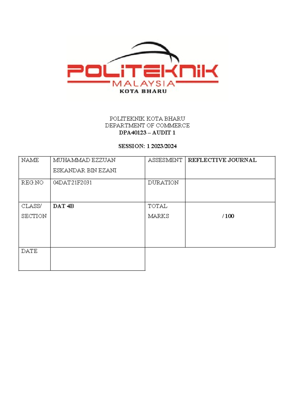 Reflective Journal Audit - POLITEKNIK KOTA BHARU DEPARTMENT OF COMMERCE ...