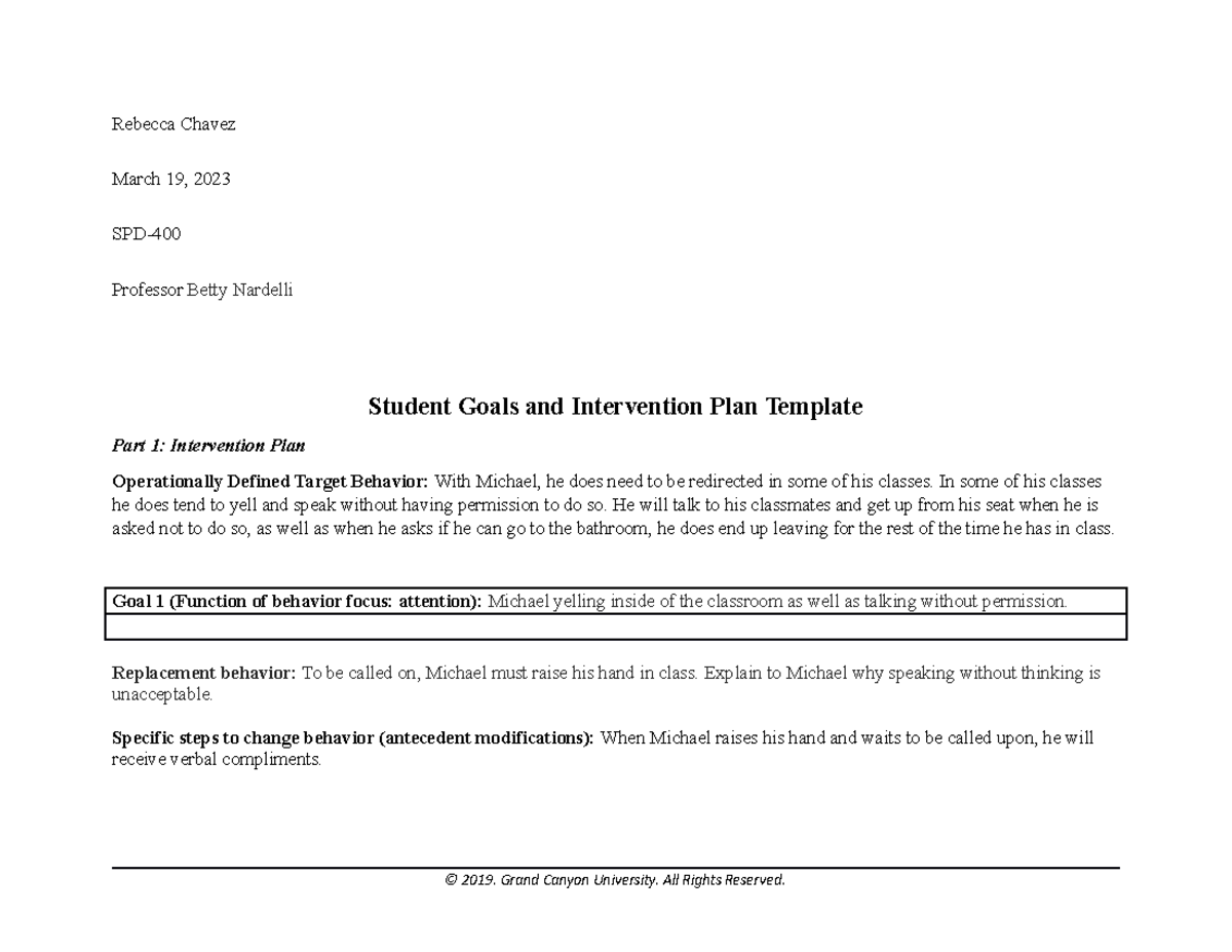 SPD400 - Student Goals and Intervention Plan Template - Rebecca Chavez ...
