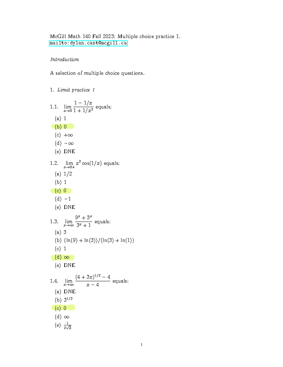 Answer pratice 1 - McGill Math 140 Fall 2023: Multiple choice practice ...