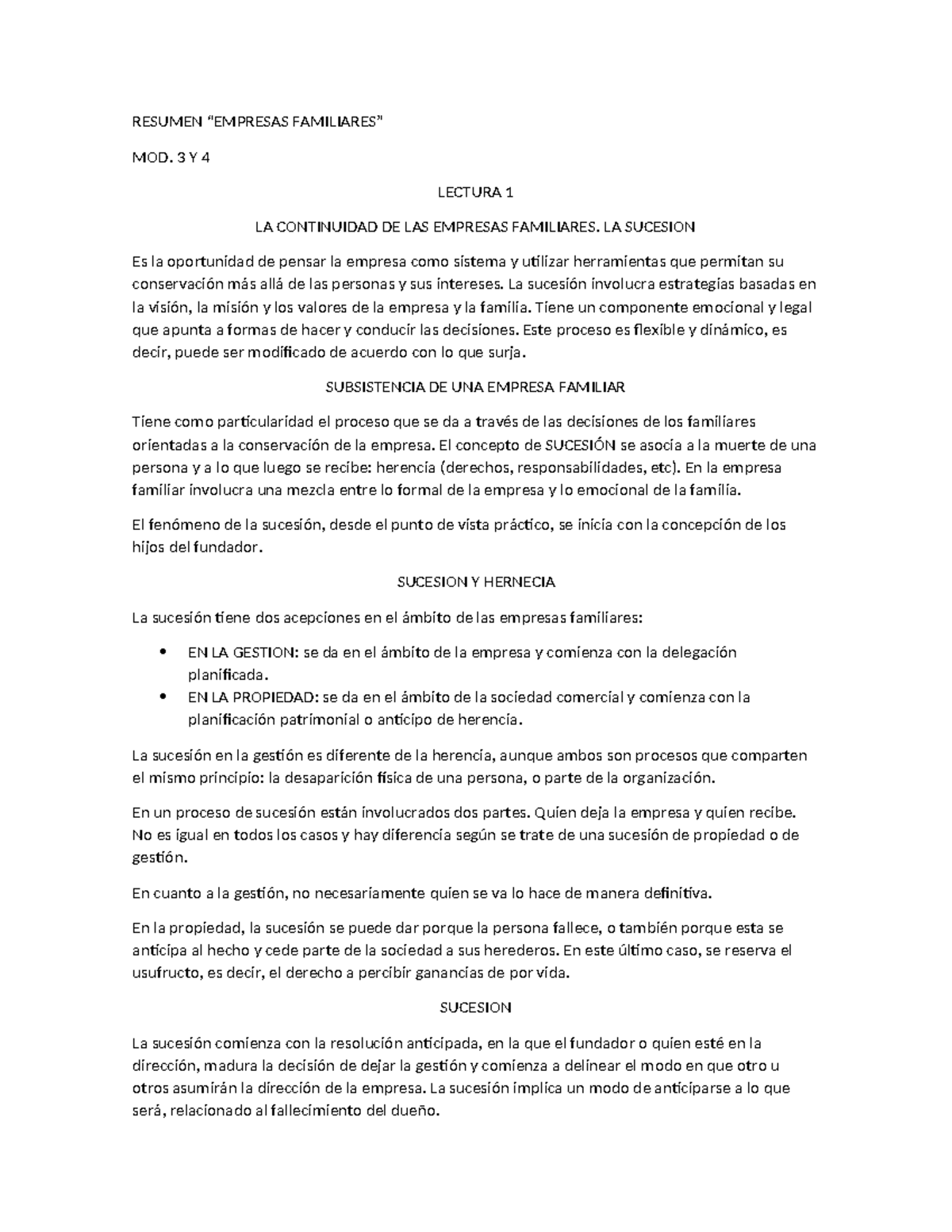 Resumen m3 y m4 (empresas familiares) - RESUMEN “EMPRESAS FAMILIARES” MOD. 3 Y 4 LECTURA 1 LA ...