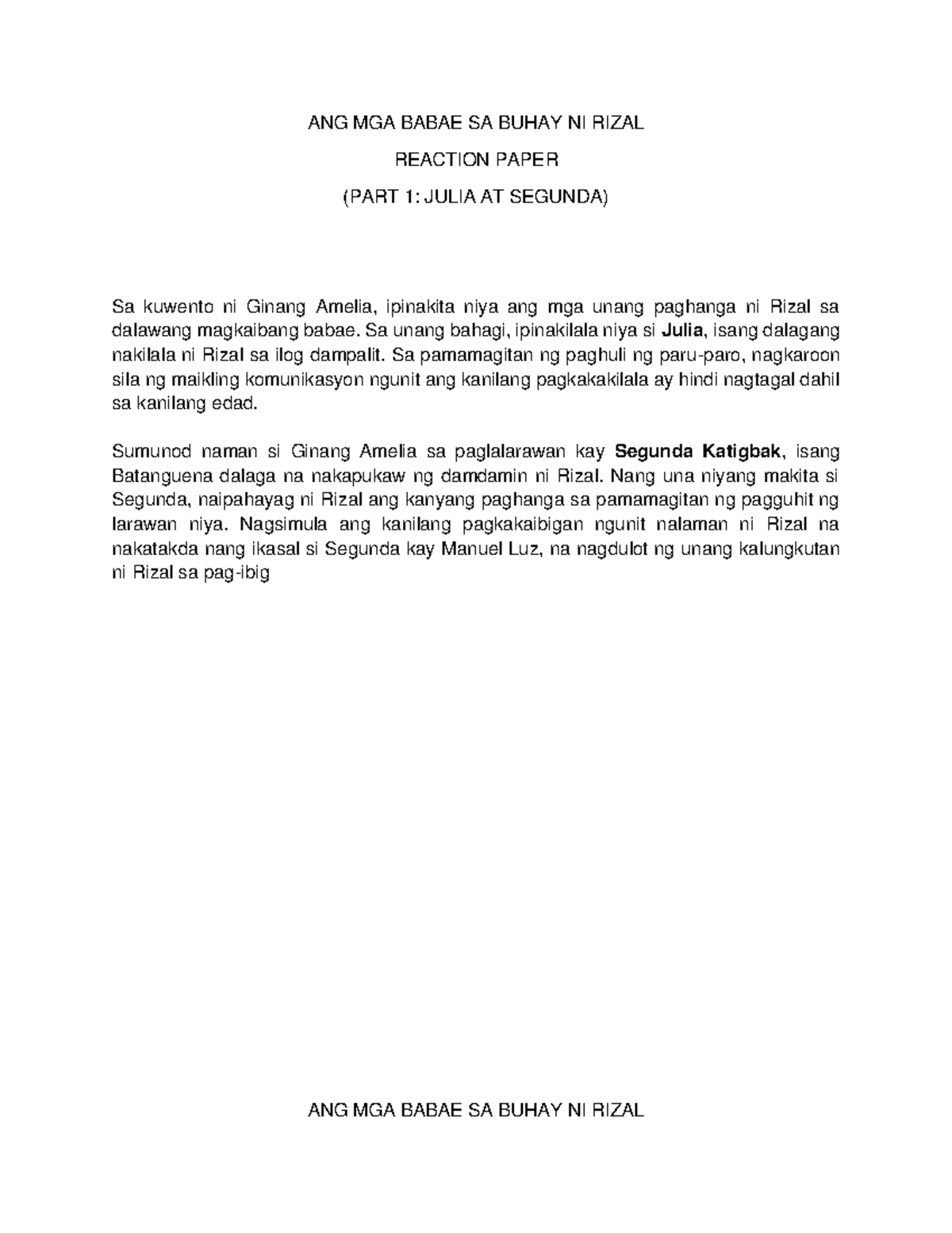 Document 6 - Not applicable - ANG MGA BABAE SA BUHAY NI RIZAL REACTION ...