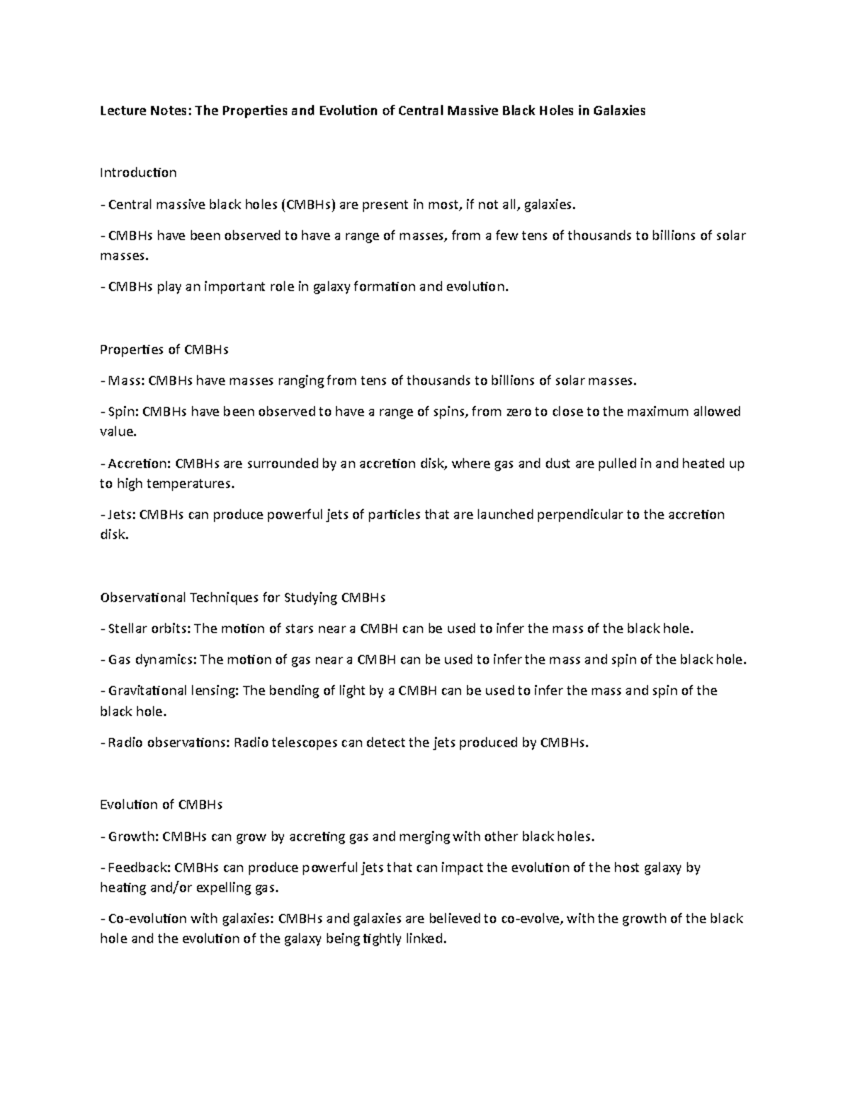 Lecture Notes: The Properties and Evolution of Central Massive Black ...