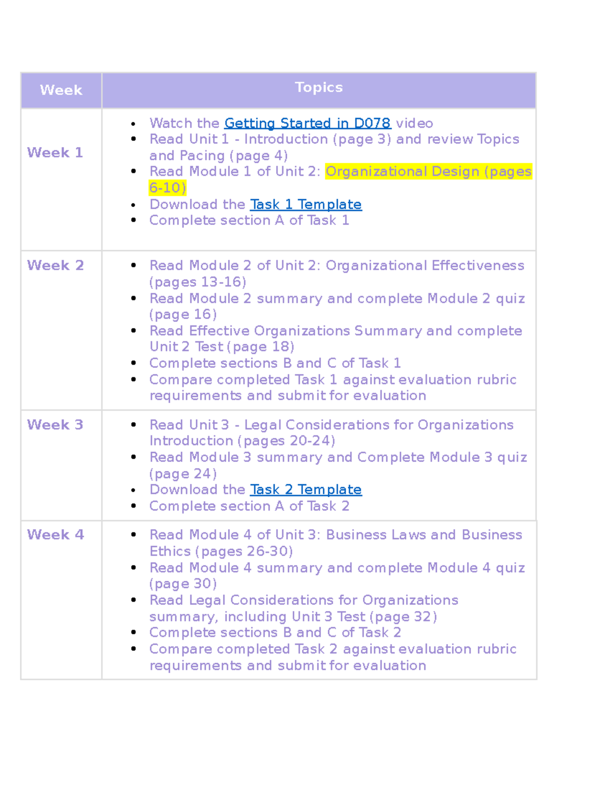 D078 Pacing Guide - Week Topics Week 1 Watch the Getting Started in ...