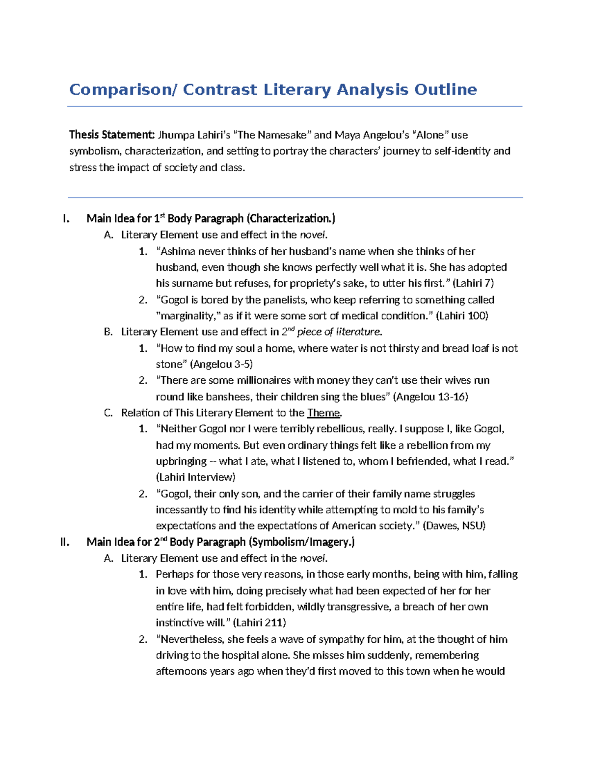 04.03 Developing Theme - Comparison/ Contrast Literary Analysis Outline ...