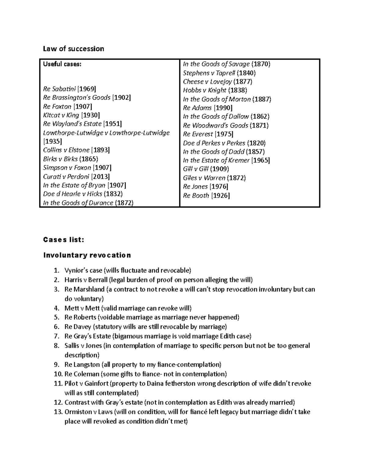 Revocation notes - Law of succession Useful cases: Re Sabatini [1969 ...