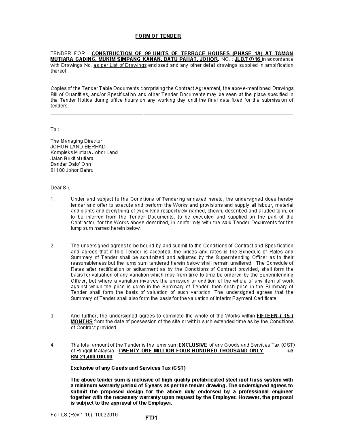 FA Construction - Ap229 - FoT LS.(Rev 1-16). 10022016 FT/ FORM OF ...