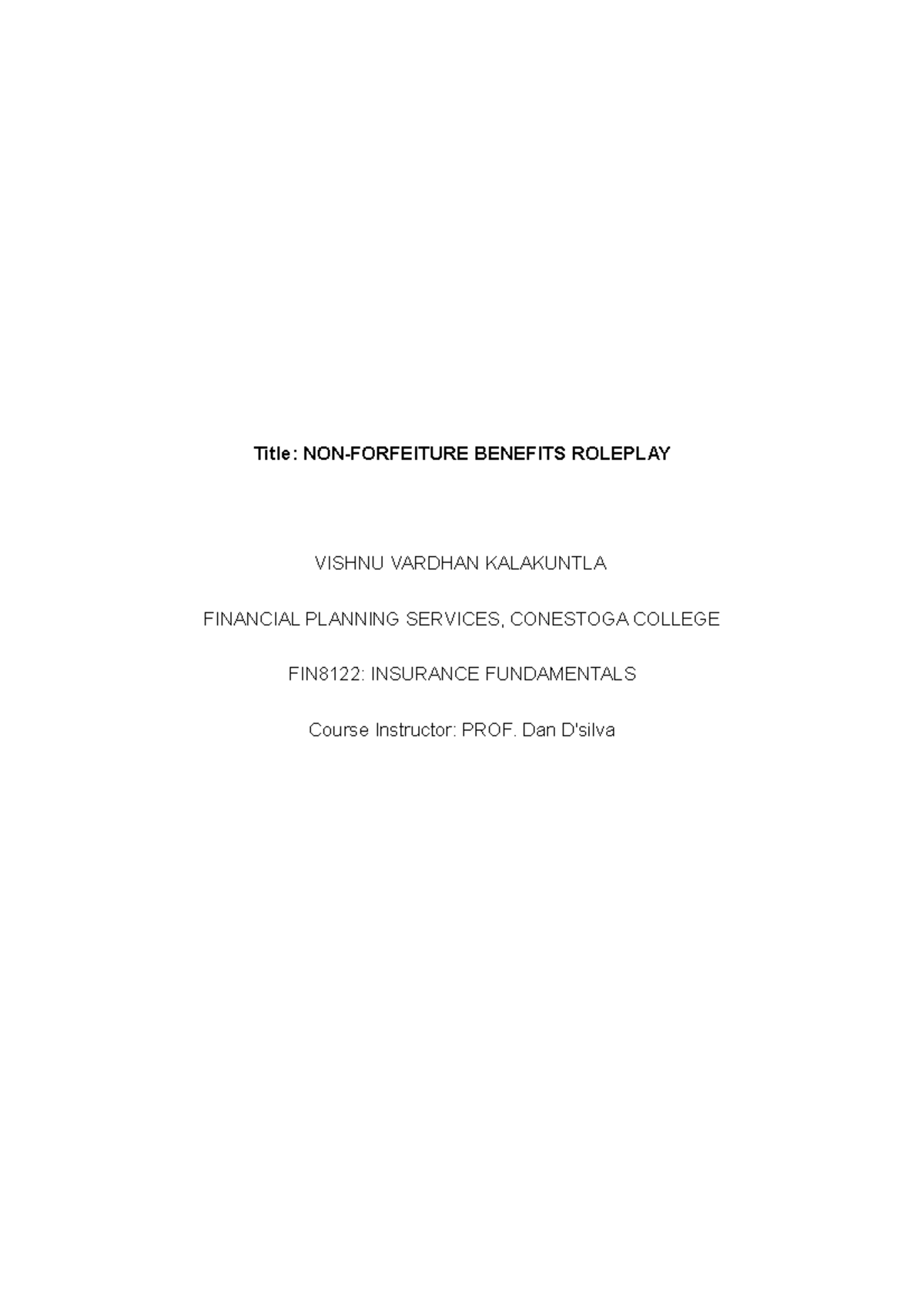 Non forfeiture benefits - Title: NON-FORFEITURE BENEFITS ROLEPLAY ...