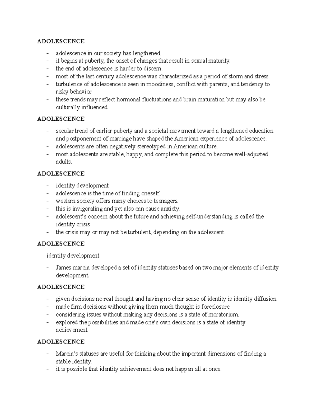 Infancy AND Childhood Notes 4 - ADOLESCENCE adolescence in our society ...