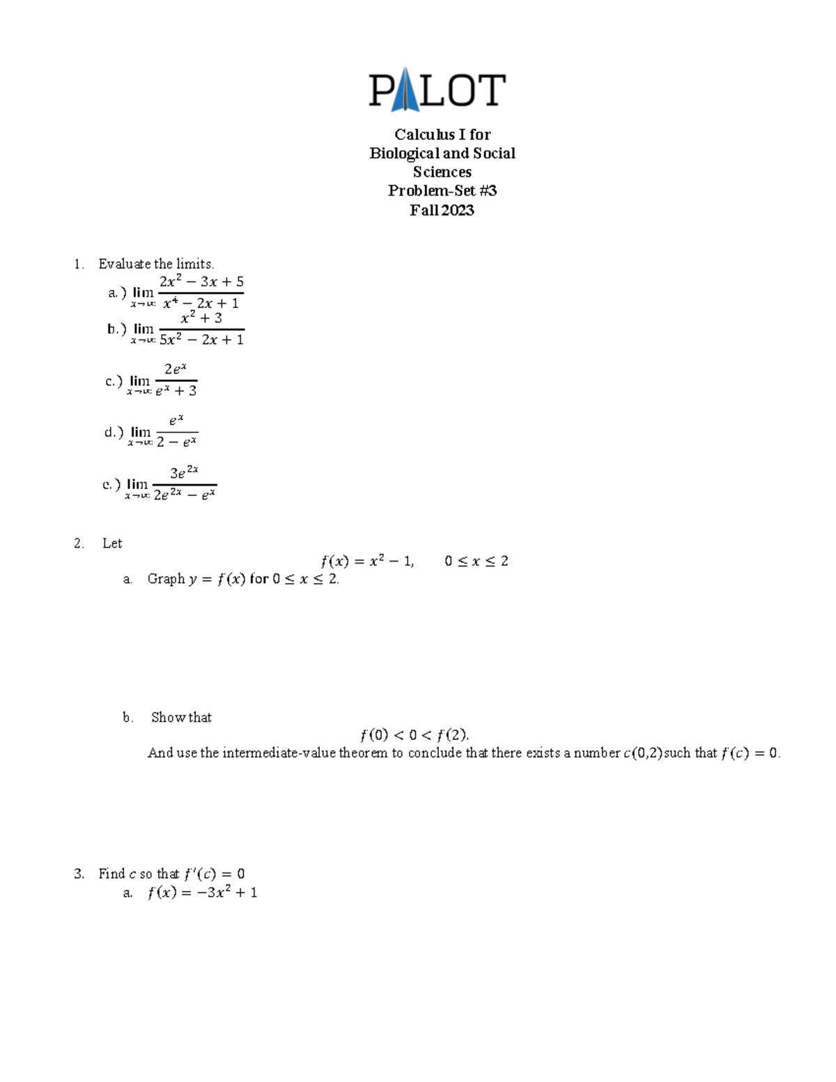 PSET 3 - Calc 1 Bio Pilot - Calculus I for Biological and Social ...