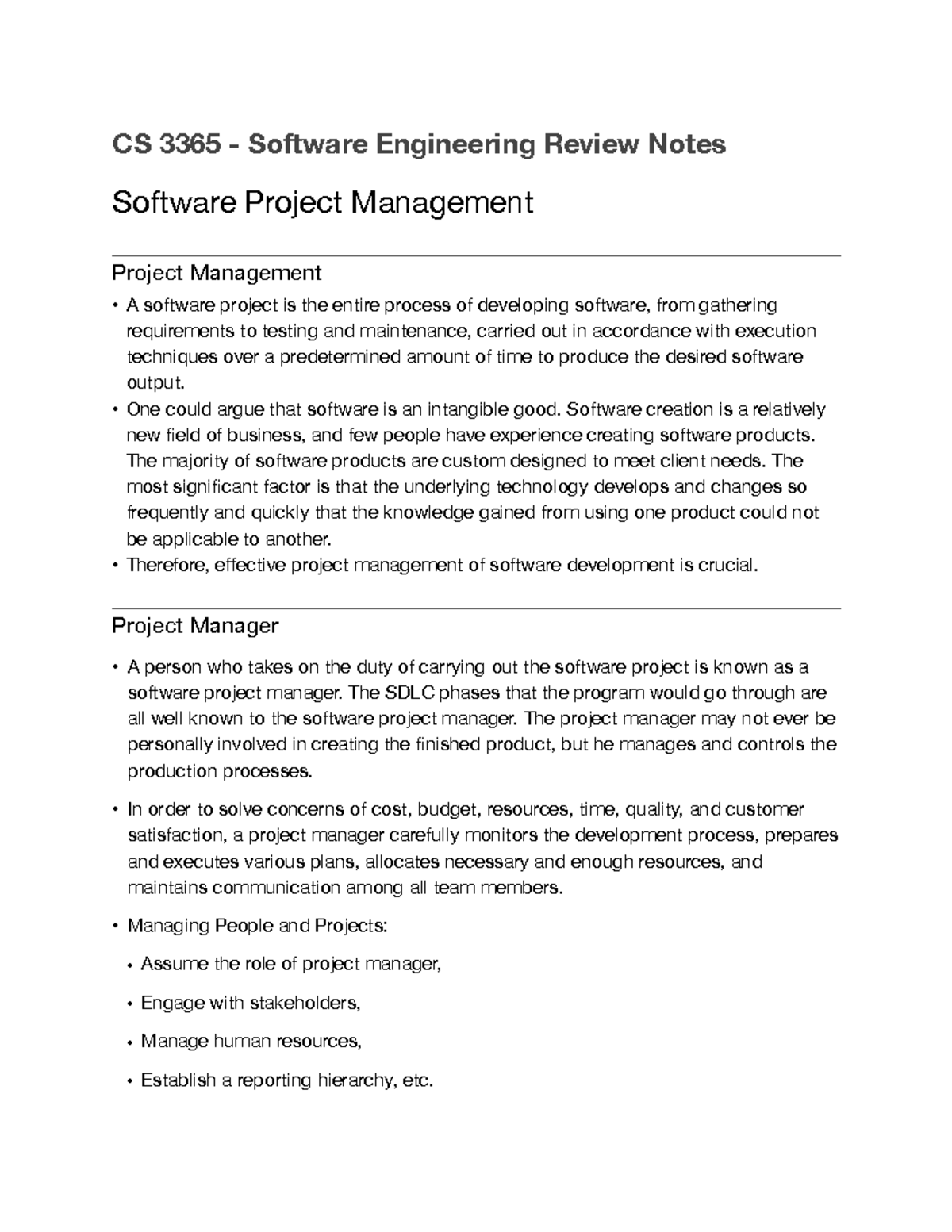 CS 3365 - Project Management Notes - CS 3365 - Software Engineering ...