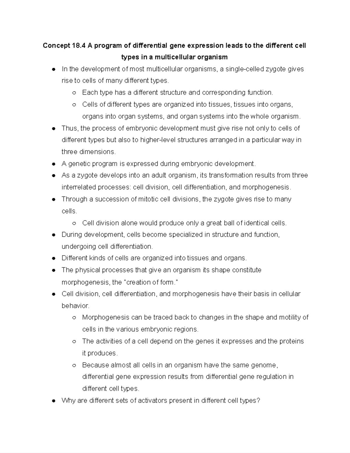Concept 18.4 A program of differential gene expression leads to the ...