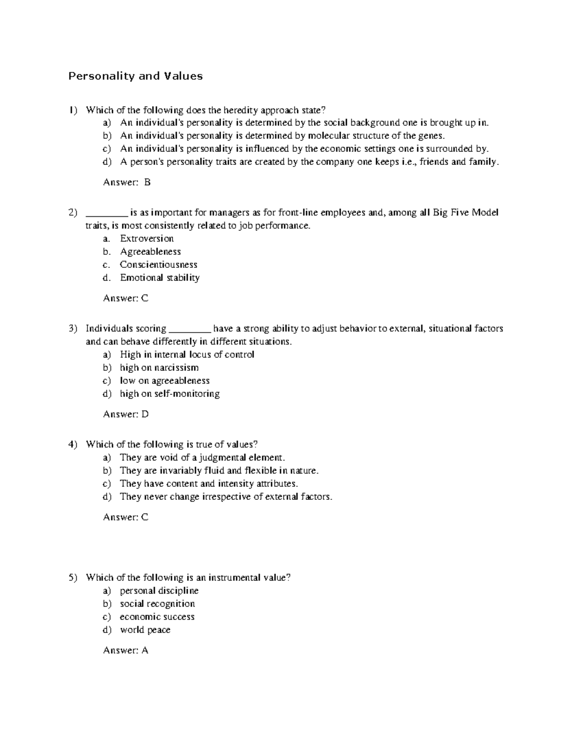 Pesonality and values multiple choice questions - Personality and ...