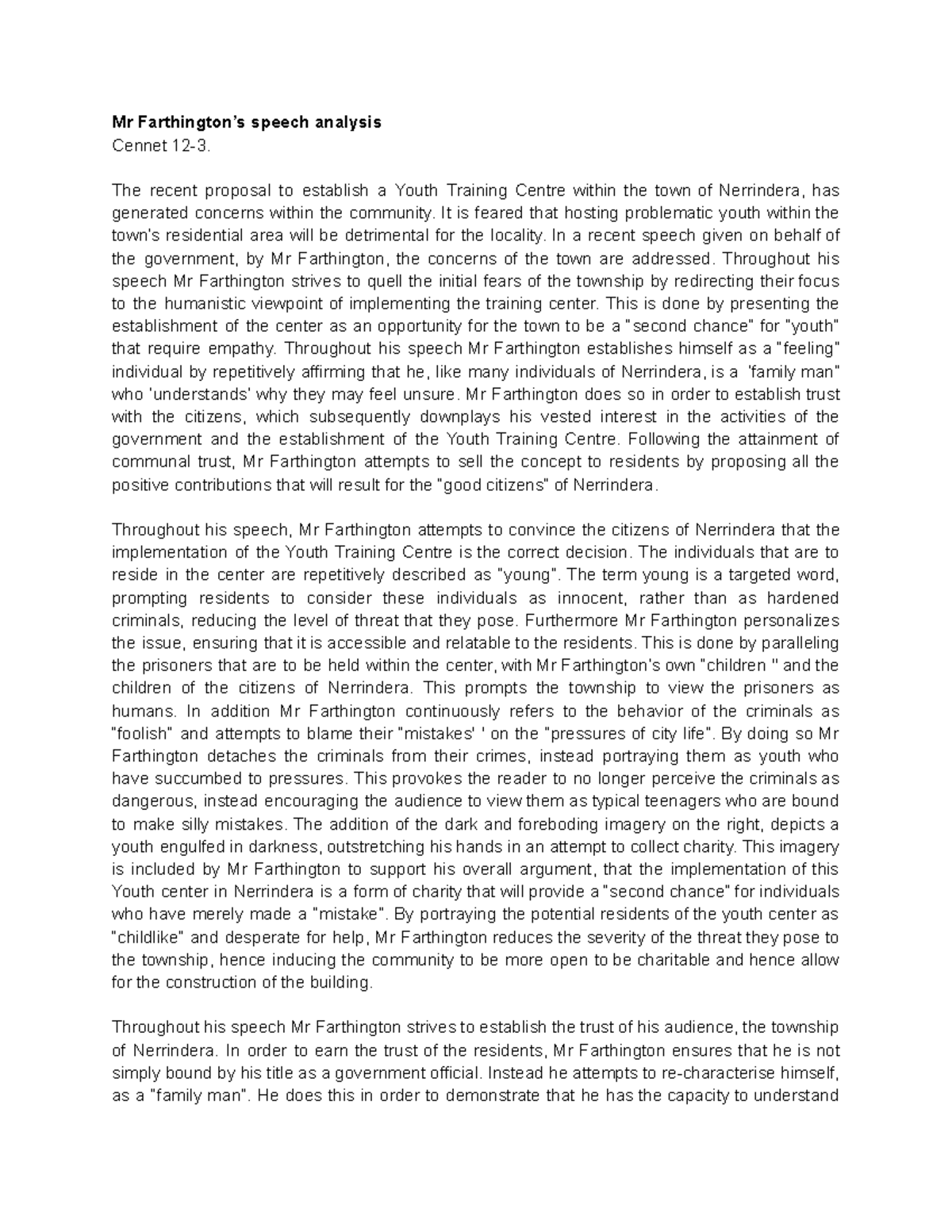 Argument analysis piece - Mr Farthington’s speech analysis Cennet 12-3 ...
