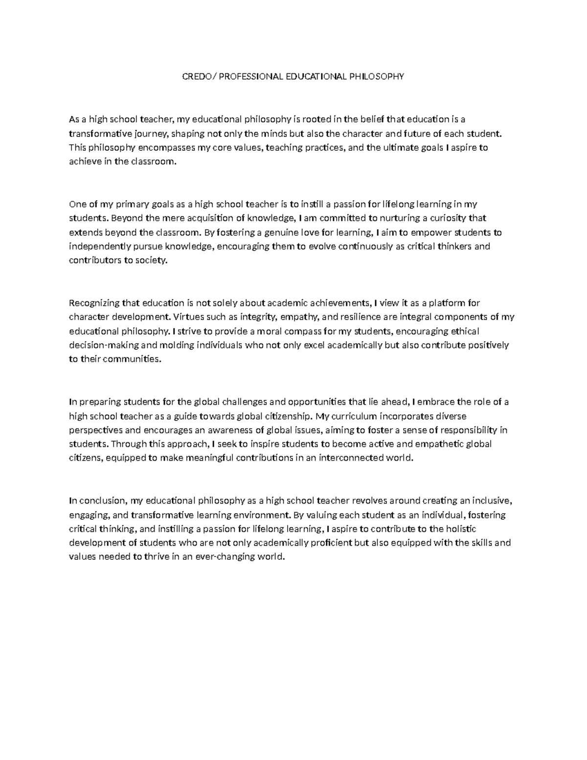Credo - CREDO/ PROFESSIONAL EDUCATIONAL PHILOSOPHY As a high school ...