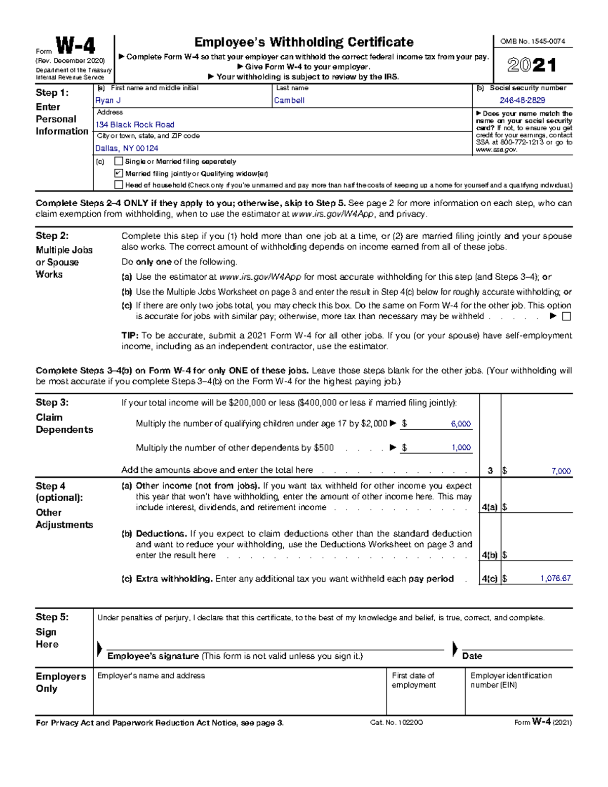 W4 2021 Done Worksheet - Form W- (Rev. December 2020) Department of the ...
