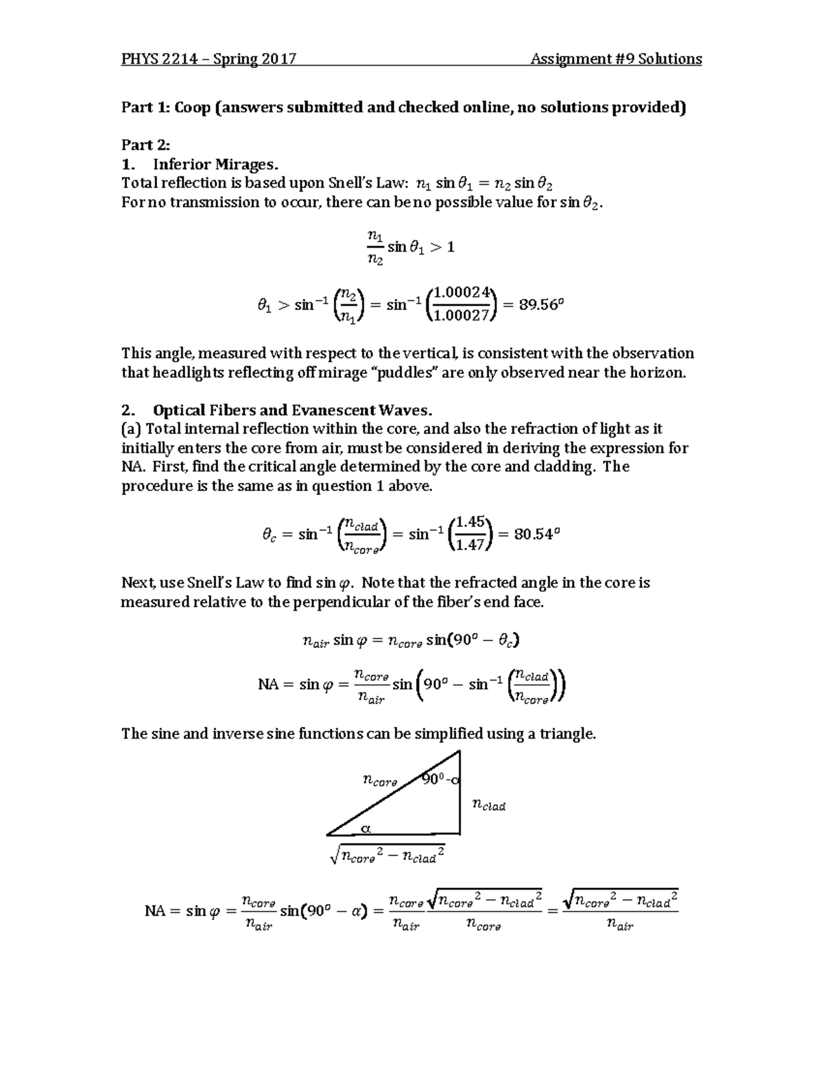 Assignment 9 solutions - PHYS 2214 – Spring 2017 Assignment #9 Solutions Part 1: Coop (answers ...