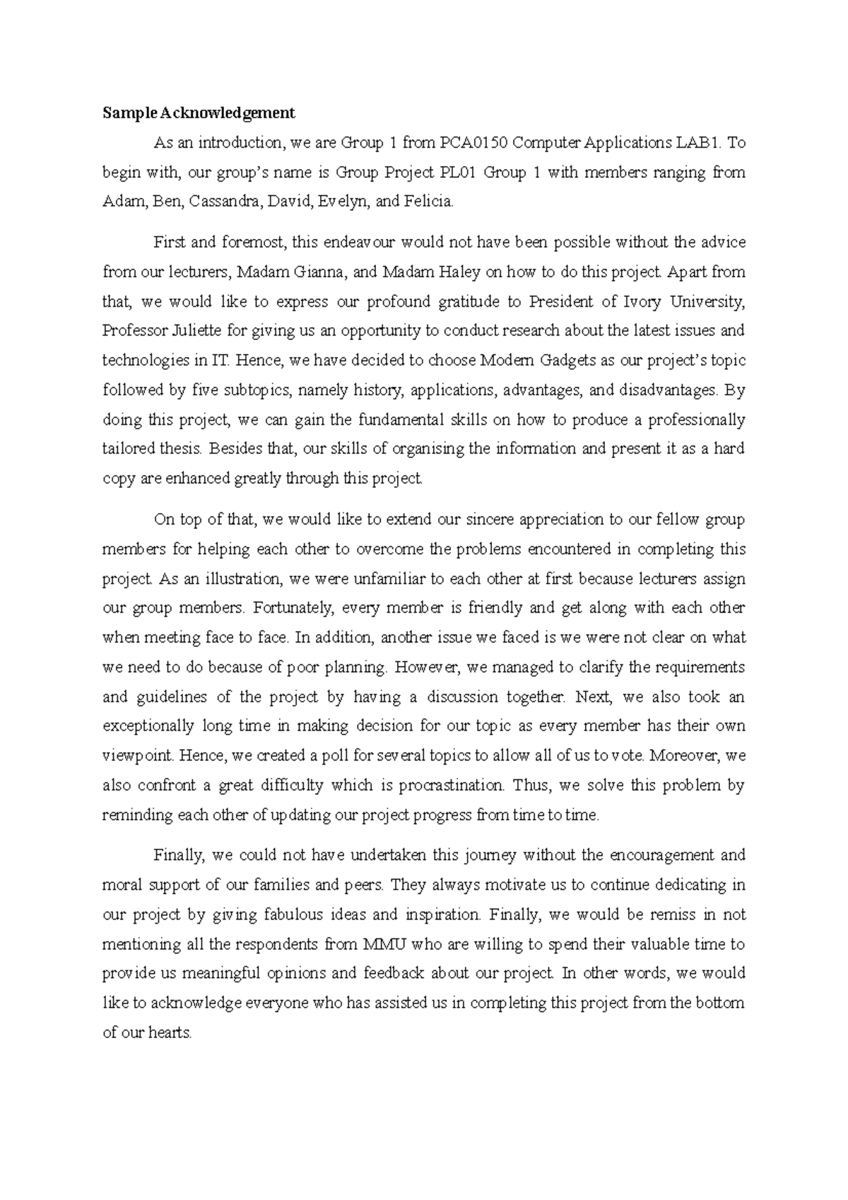 Sample Acknowledgement - To begin with, our group’s name is Group ...