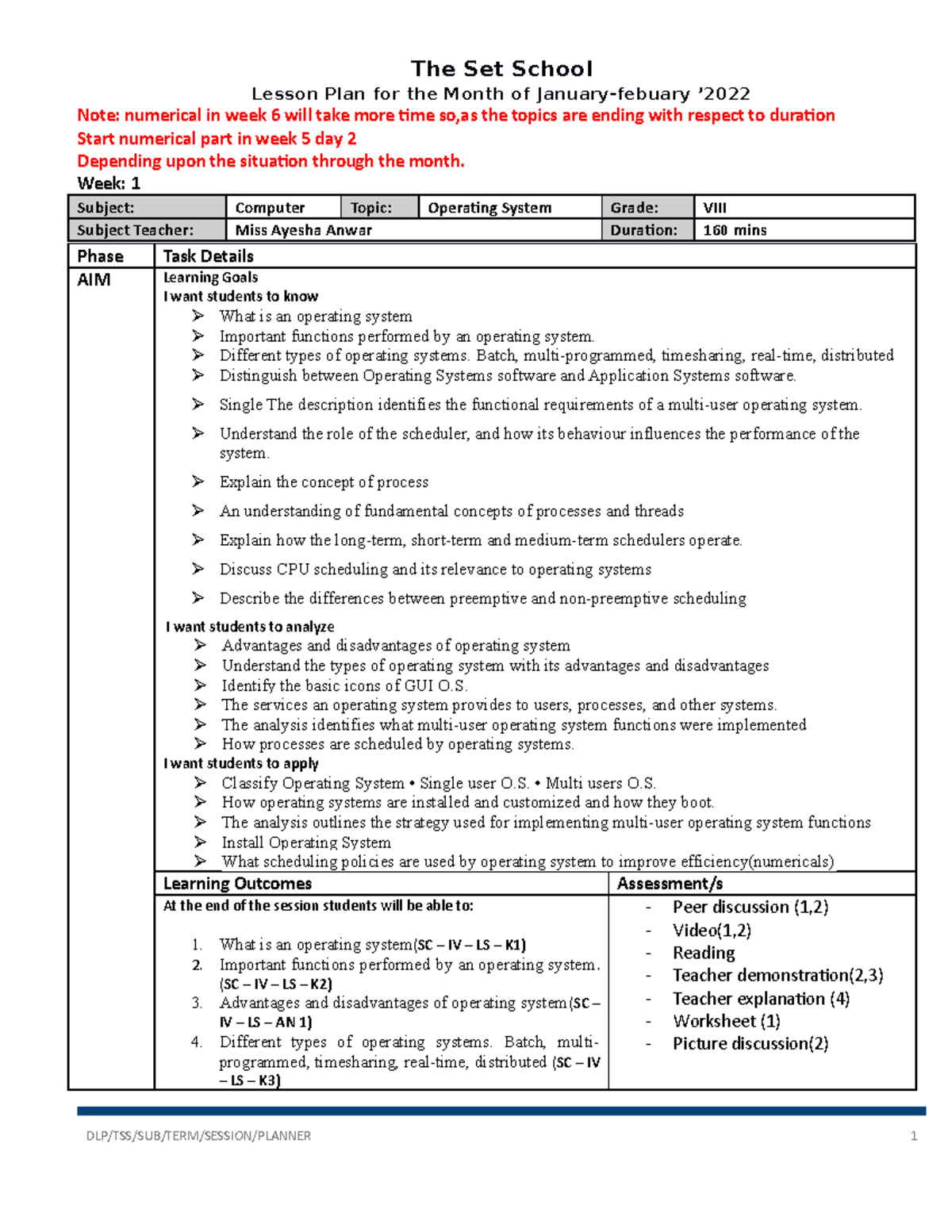 Lesson Plan opearing system - Lesson Plan for the Month of January ...