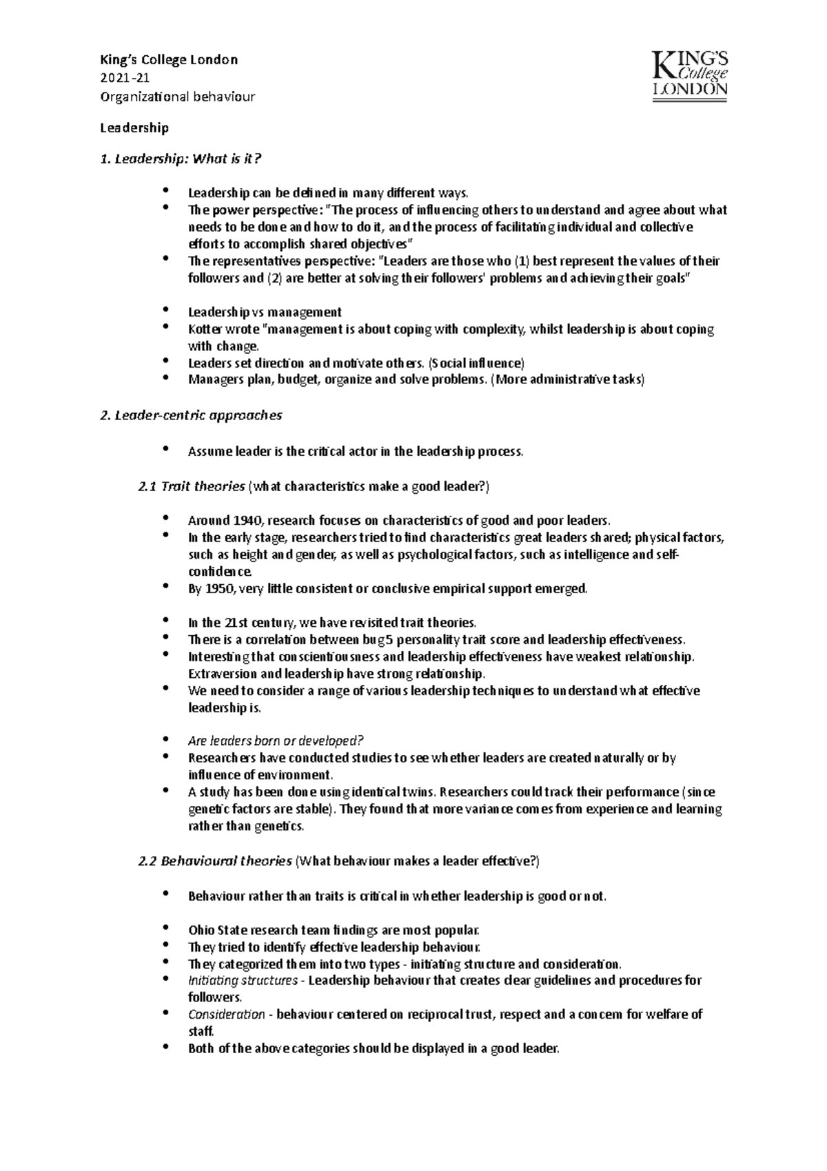 Notes 3 - 2021- Organizational behaviour Leadership 1. Leadership: What ...