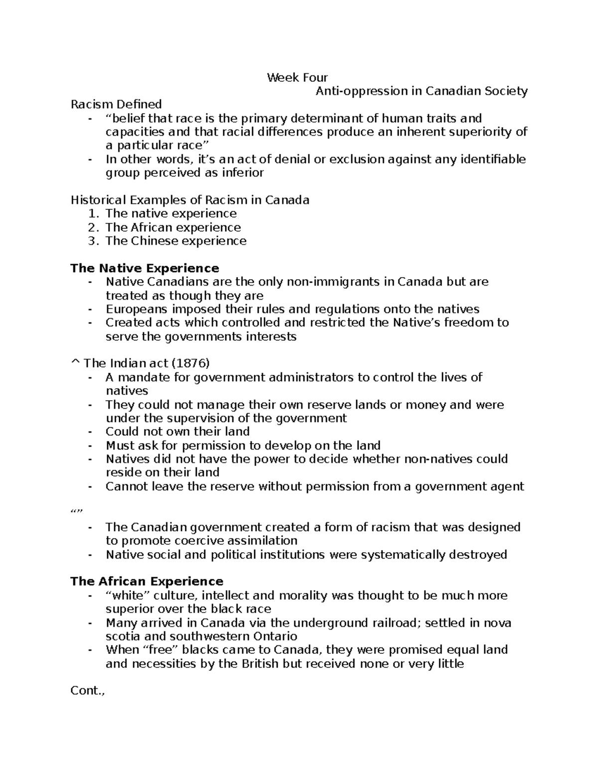 Racism - Lecture Notes - Week Four Anti-oppression in Canadian Society ...