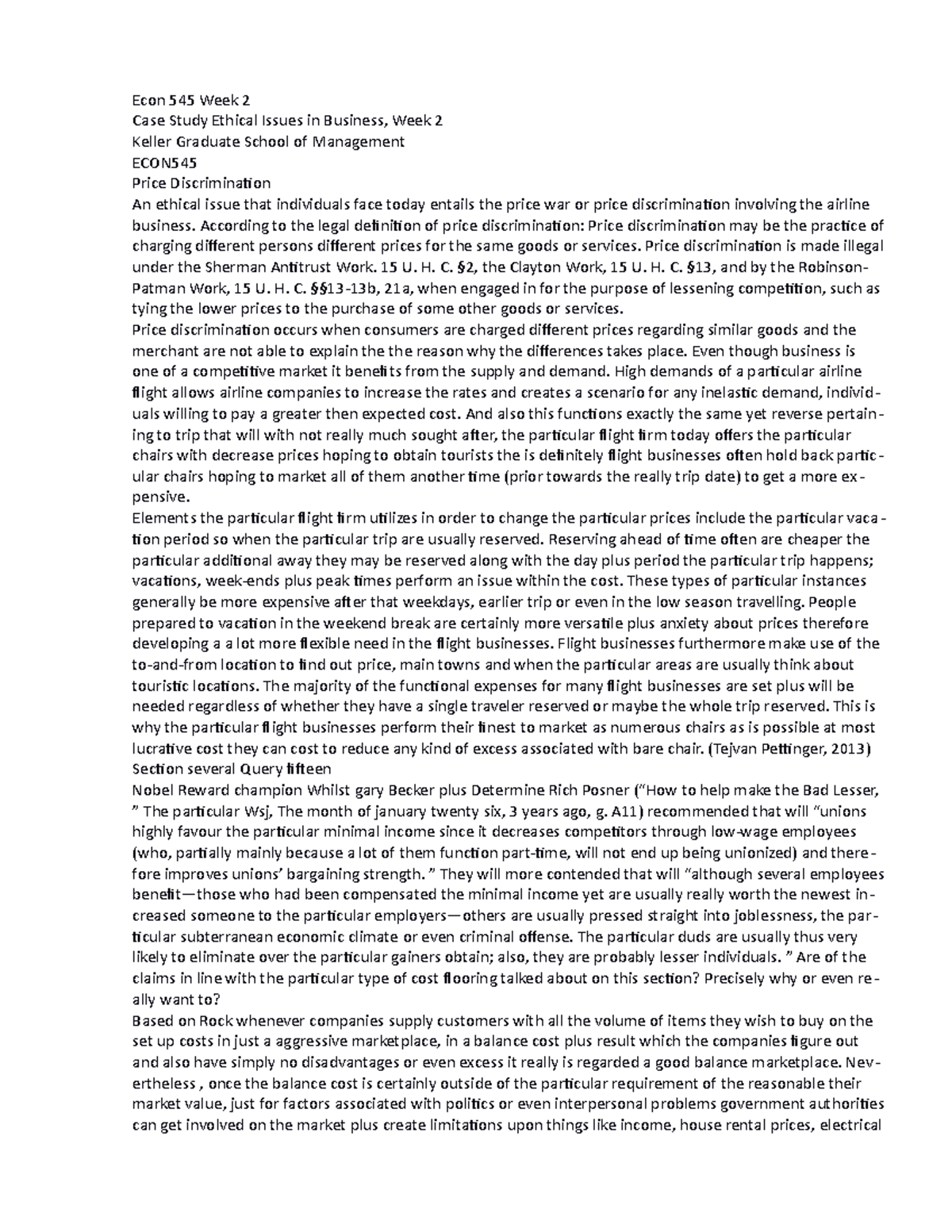 Econ 545 Week 2 Case Study Ethical Issues in Business - According to the legal definition of ...