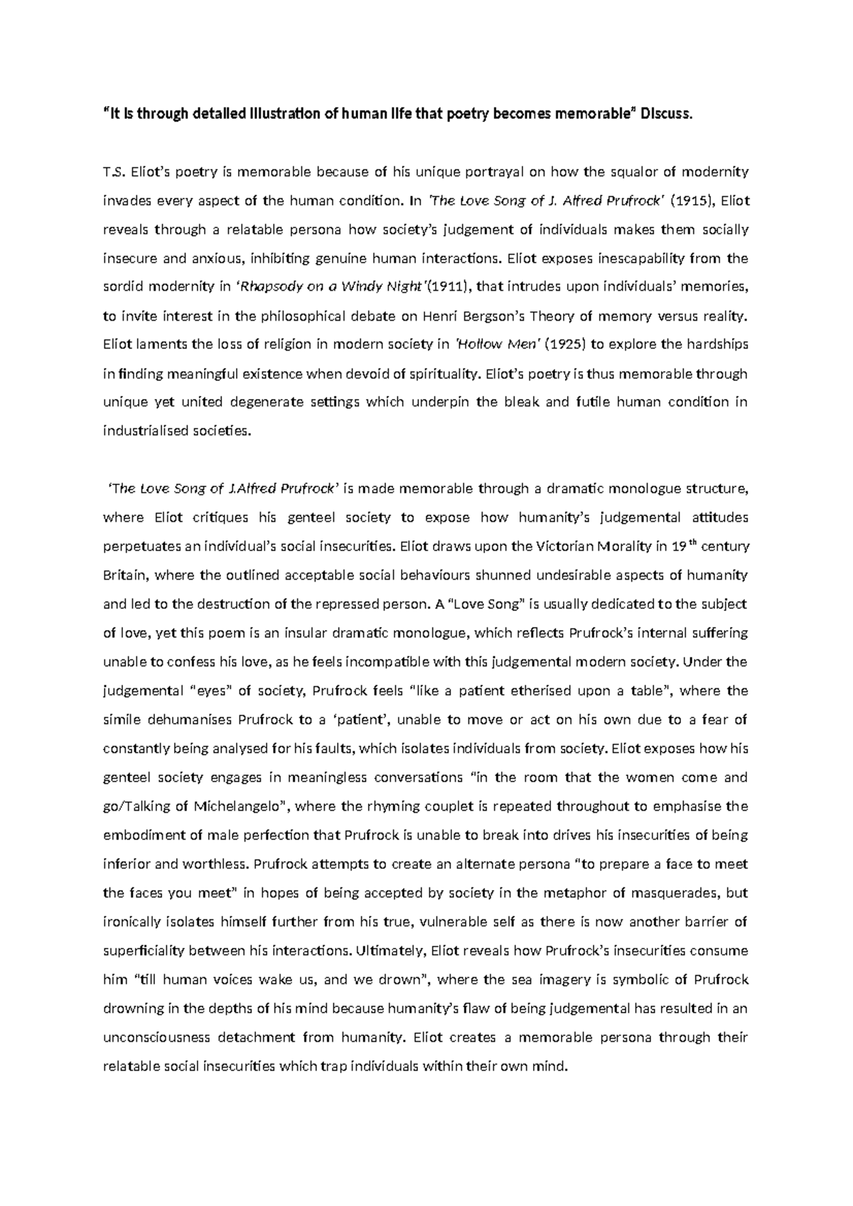 Final mod b essay T S Elliot - “It is through detailed illustration of ...