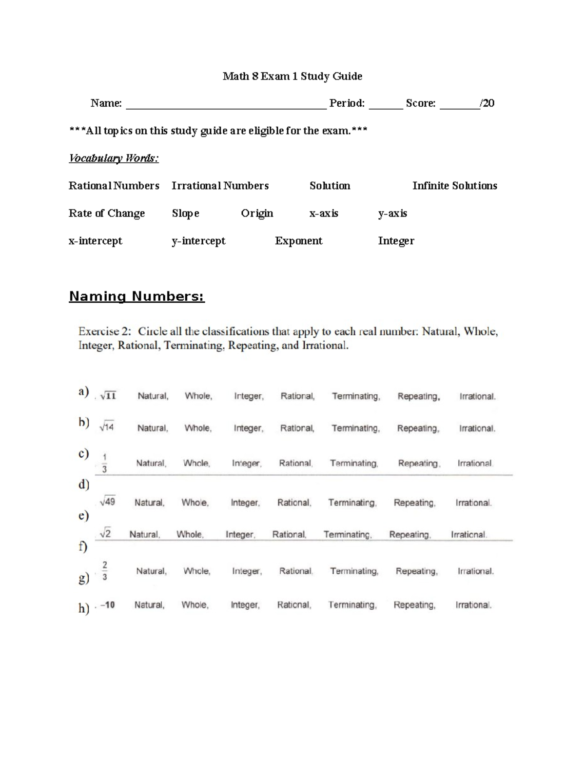 Copy of Math Exam 1 Study Guide - Math 8 Exam 1 Study Guide Name: - Studocu