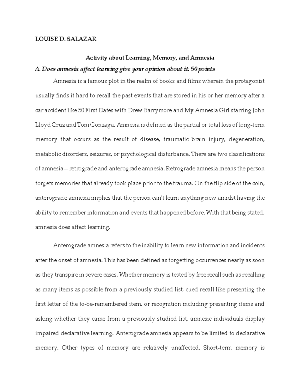 Learning - Memory - Amnesia Activity - LOUISE D. SALAZAR Activity about Learning, Memory, and ...