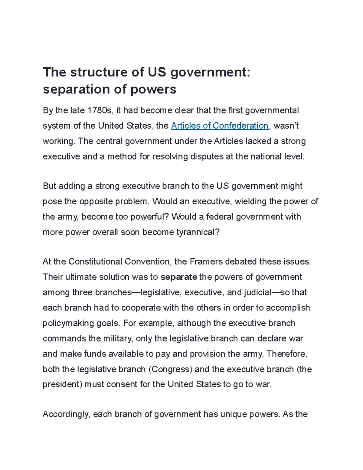 The structure of US government separation of powers - The central ...
